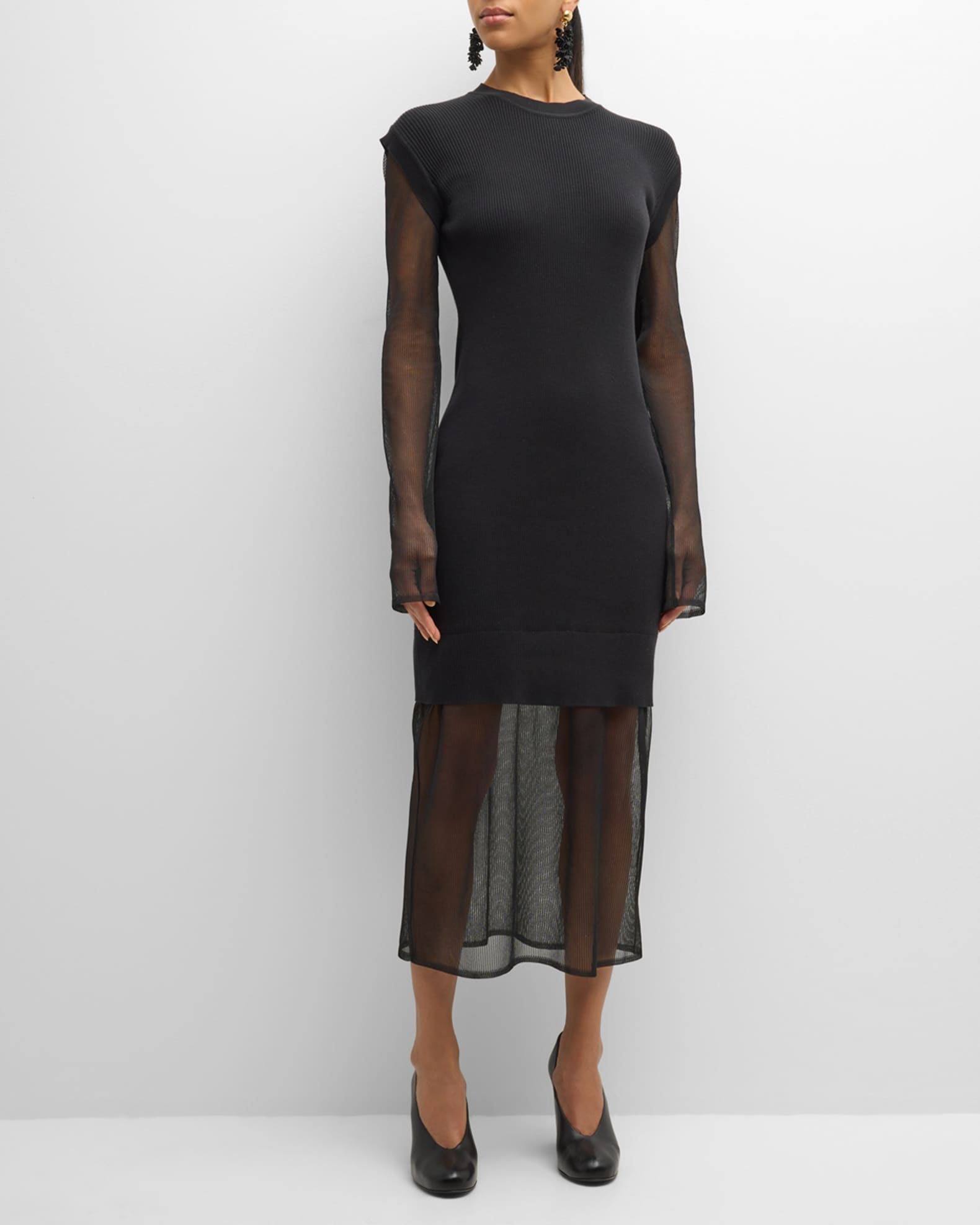 ADEAM Cassandra Layered Sheer Knit Long-Sleeve Midi Dress | Neiman Marcus