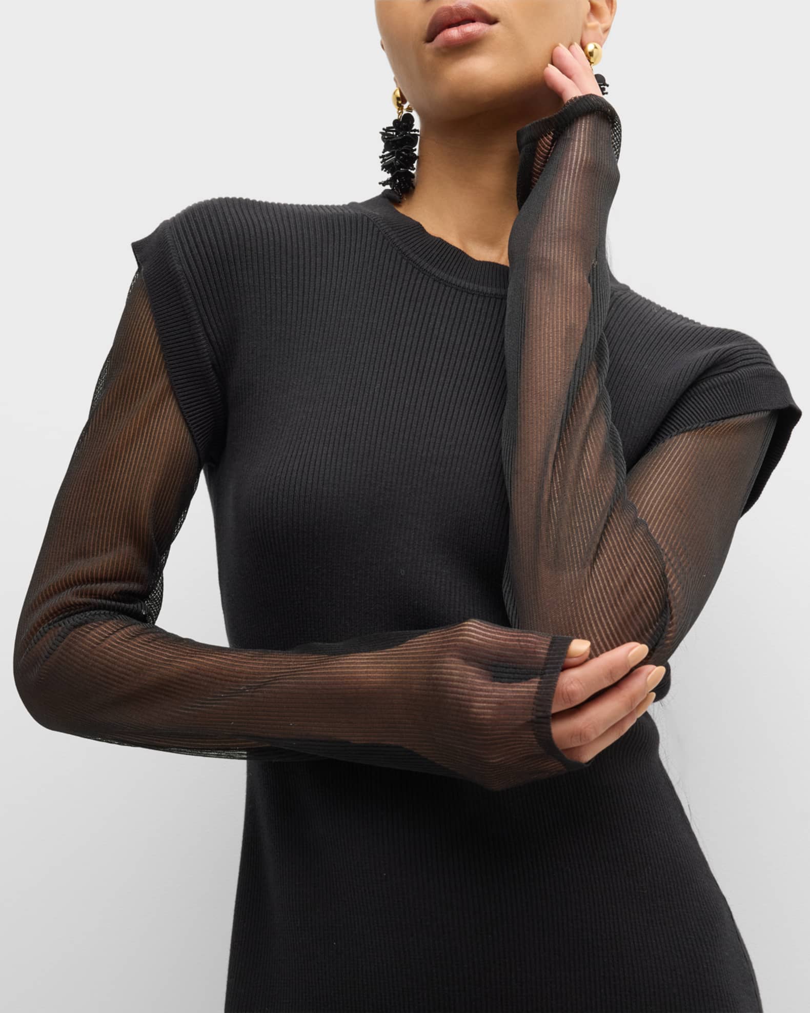 ADEAM Cassandra Layered Sheer Knit Long-Sleeve Midi Dress | Neiman Marcus