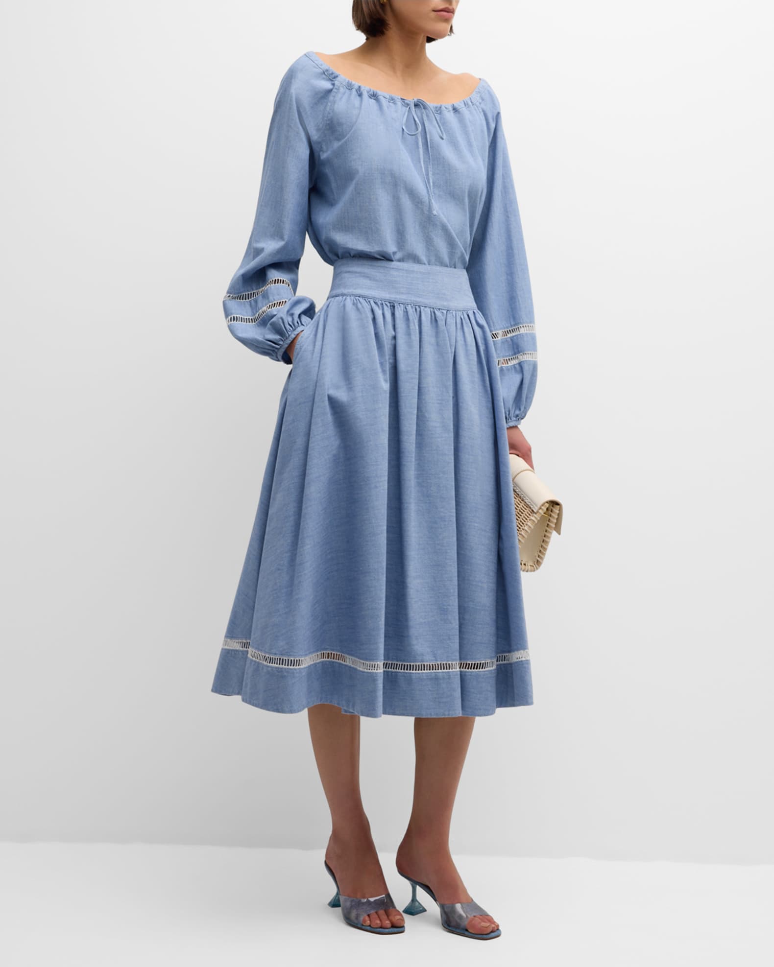 Chloe x High Summer Chambray Blouse with Netted Detailing | Neiman Marcus