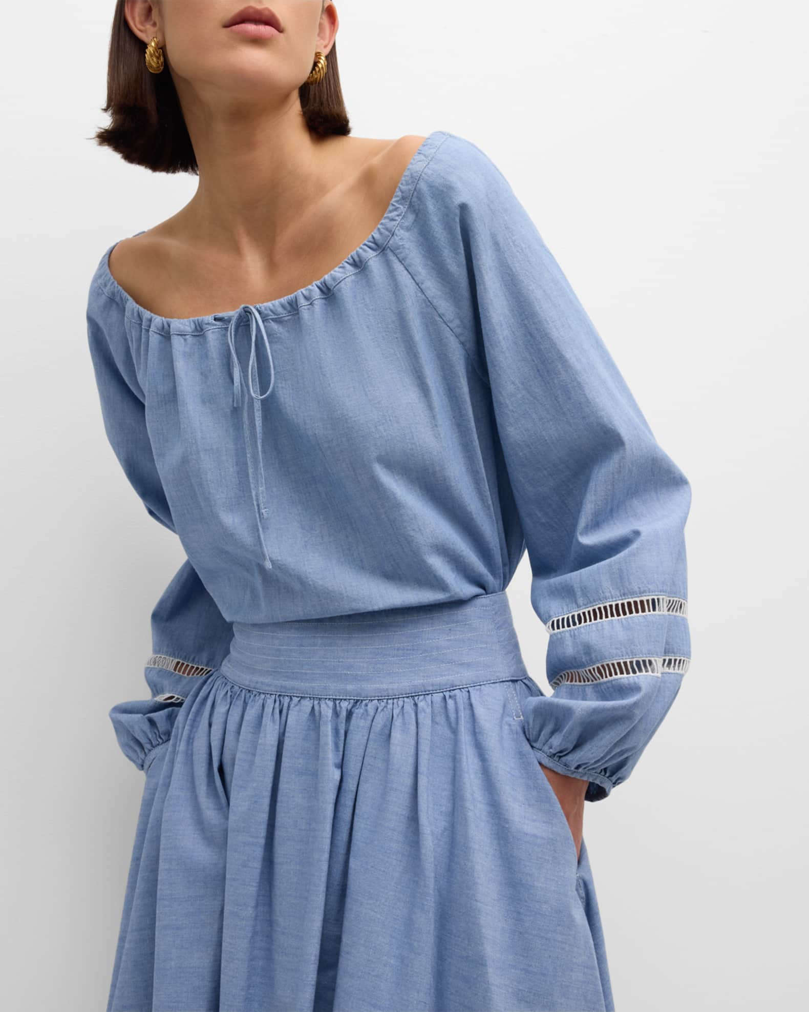 Chloe x High Summer Chambray Blouse with Netted Detailing | Neiman Marcus