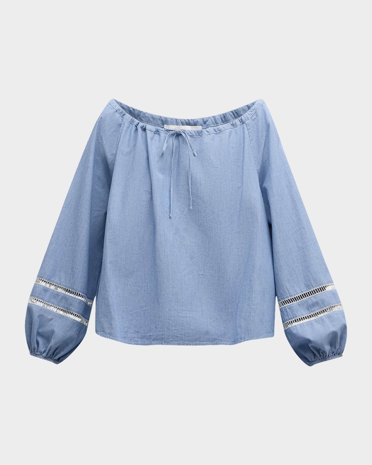 Chloe x High Summer Chambray Blouse with Netted Detailing | Neiman Marcus