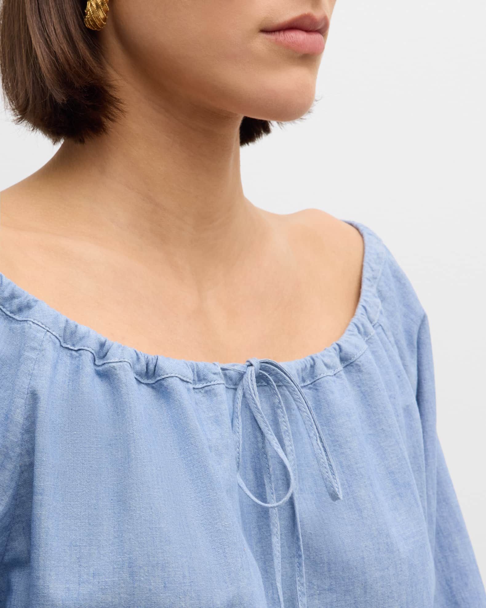 Chloe x High Summer Chambray Blouse with Netted Detailing | Neiman Marcus