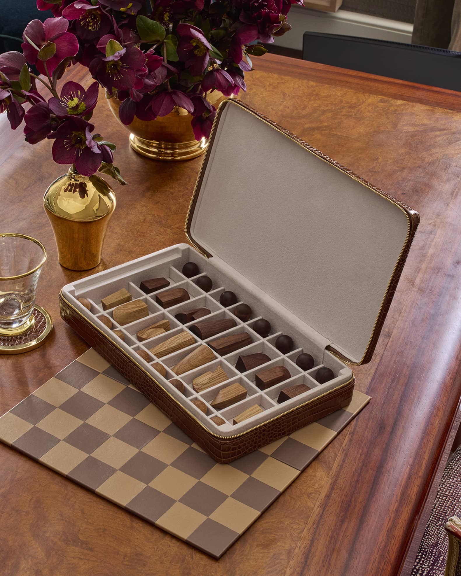 AERIN Enzo Leather Travel Chess Set | Neiman Marcus