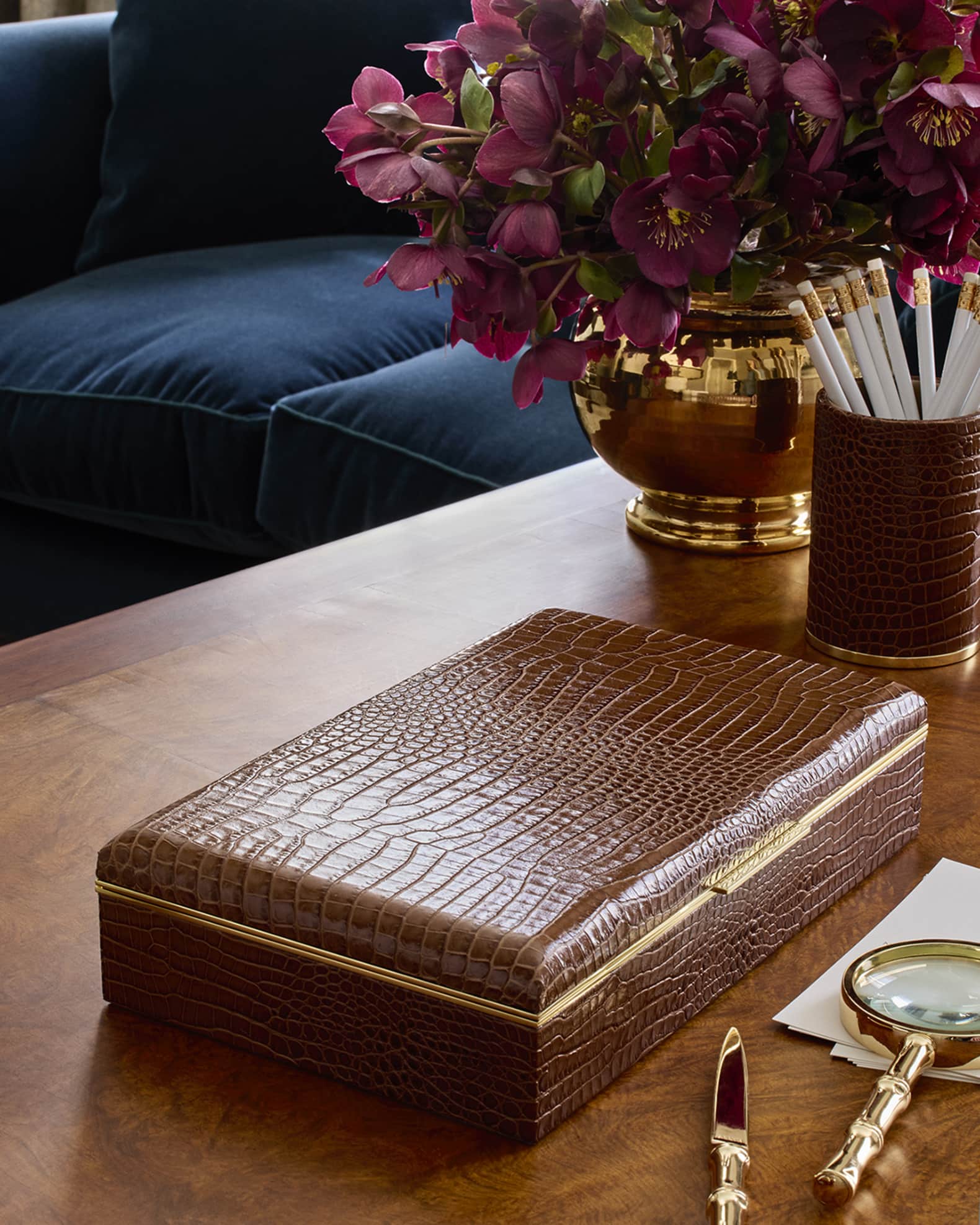 AERIN Classic Croc Leather Desk Box | Neiman Marcus