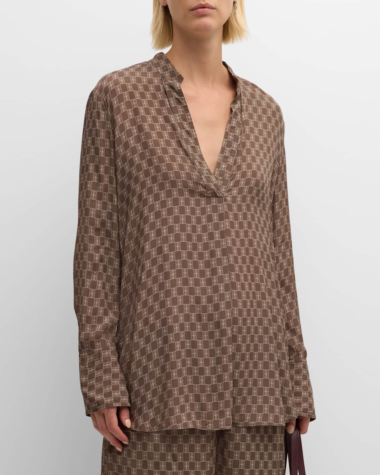 By Malene Birger Mabillon Pleated Monogram-Print Shirt | Neiman Marcus