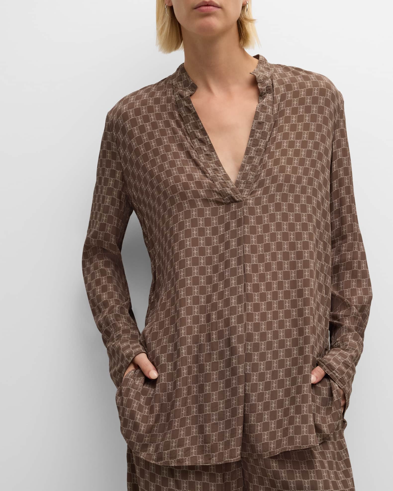By Malene Birger Mabillon Pleated Monogram-Print Shirt | Neiman Marcus