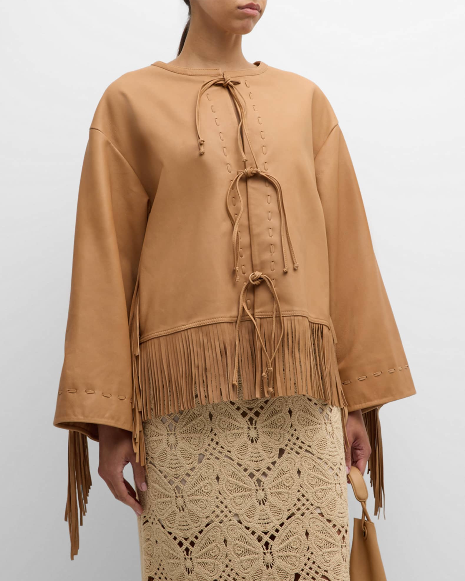 By Malene Birger Zoena Tie-Front Fringe Leather Jacket | Neiman Marcus