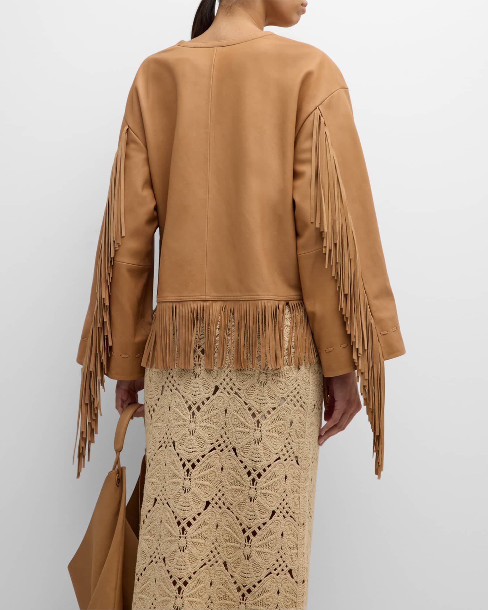 By Malene Birger Zoena Tie-Front Fringe Leather Jacket | Neiman Marcus