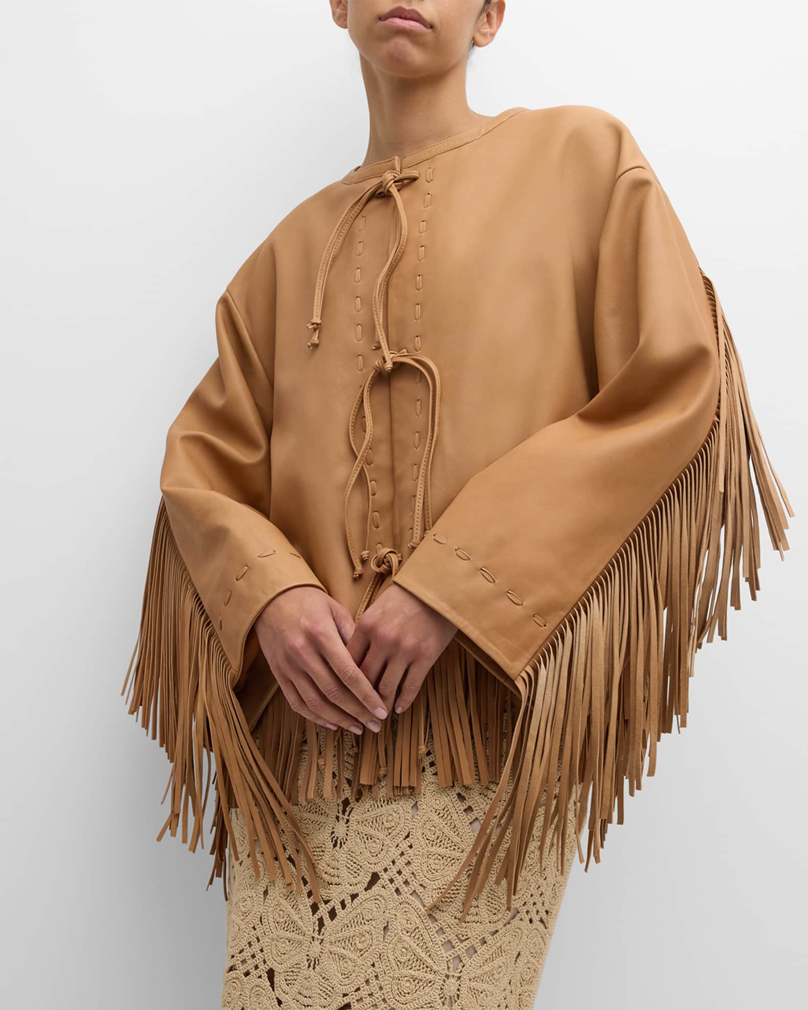 By Malene Birger Zoena Tie-Front Fringe Leather Jacket | Neiman Marcus