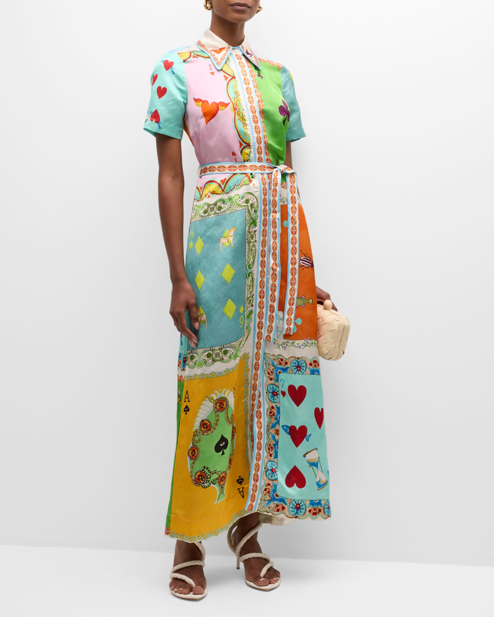 ALEMAIS Rummy Multicolor Tie-Belt Short-Sleeve Midi Shirtdress | Neiman ...