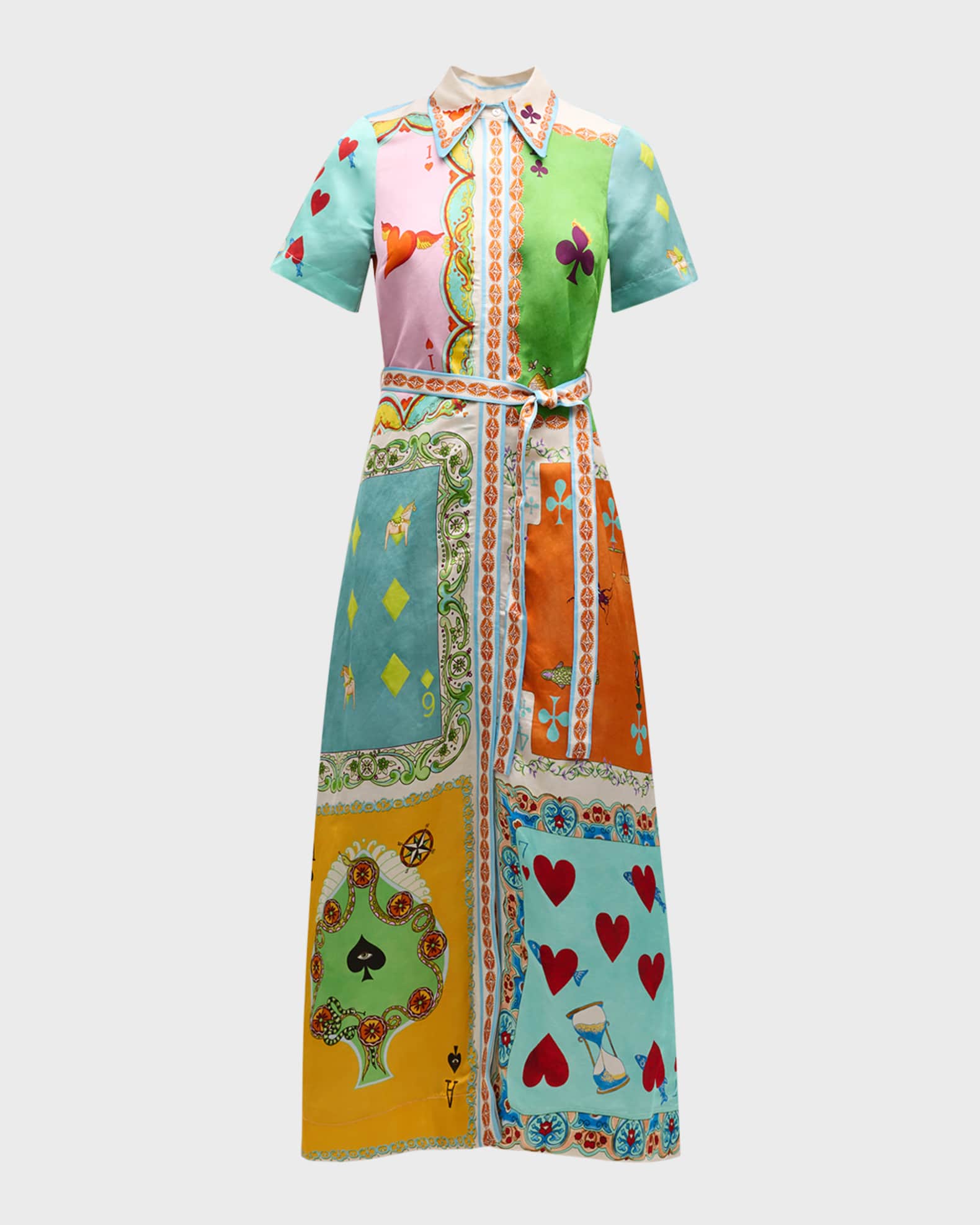 ALEMAIS Rummy Multicolor Tie-Belt Short-Sleeve Midi Shirtdress | Neiman ...