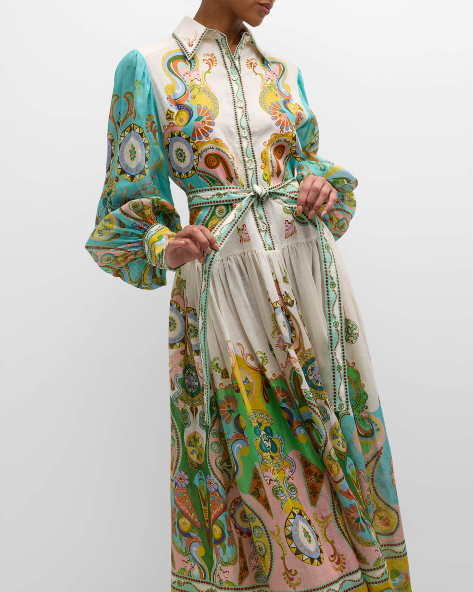 ALEMAIS Pinball Balloon-Sleeve Paisley Maxi Shirtdress | Neiman Marcus