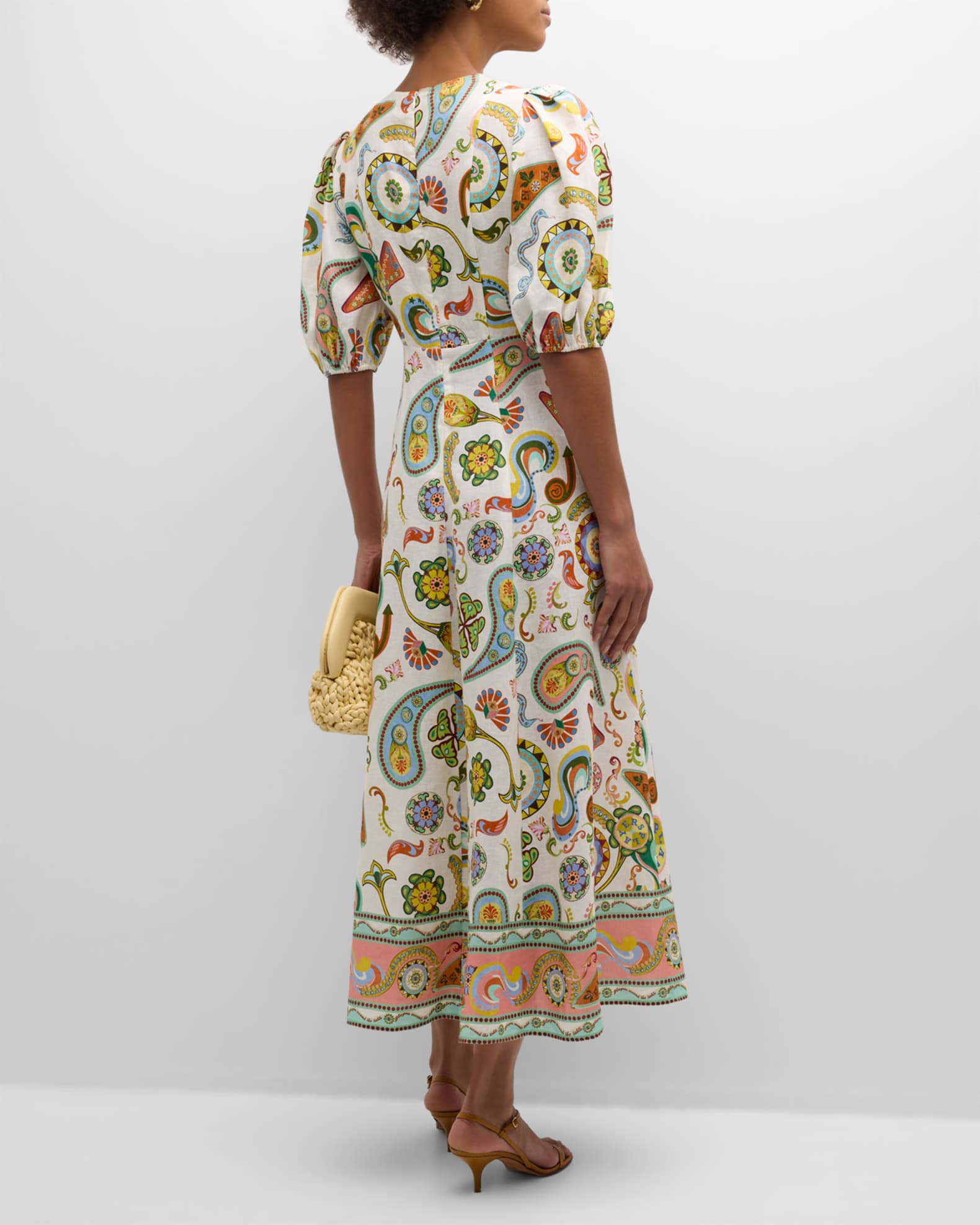 ALEMAIS Arcade Puff-Sleeve Multicolor Linen Midi Dress | Neiman Marcus