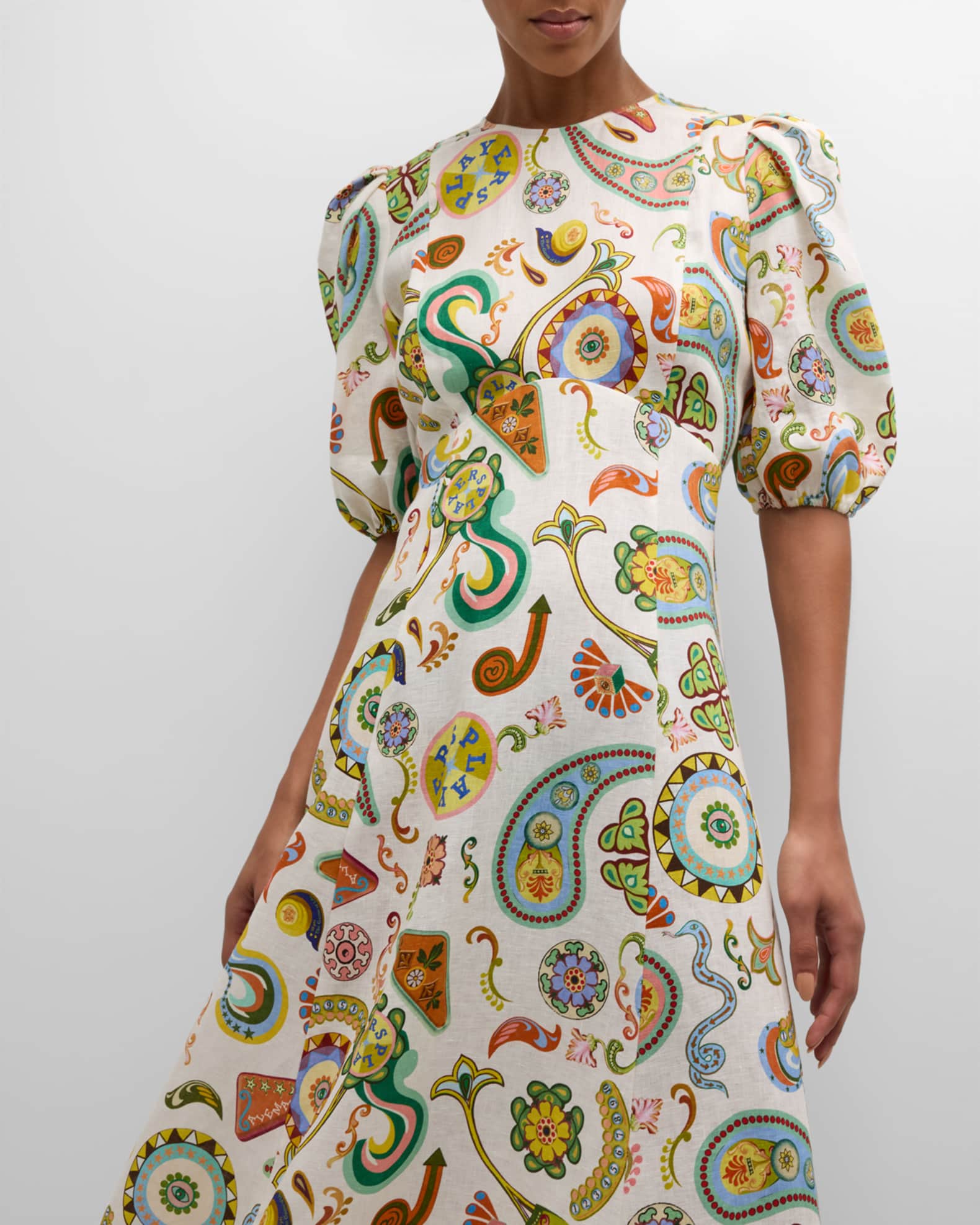 ALEMAIS Arcade Puff-Sleeve Multicolor Linen Midi Dress | Neiman Marcus