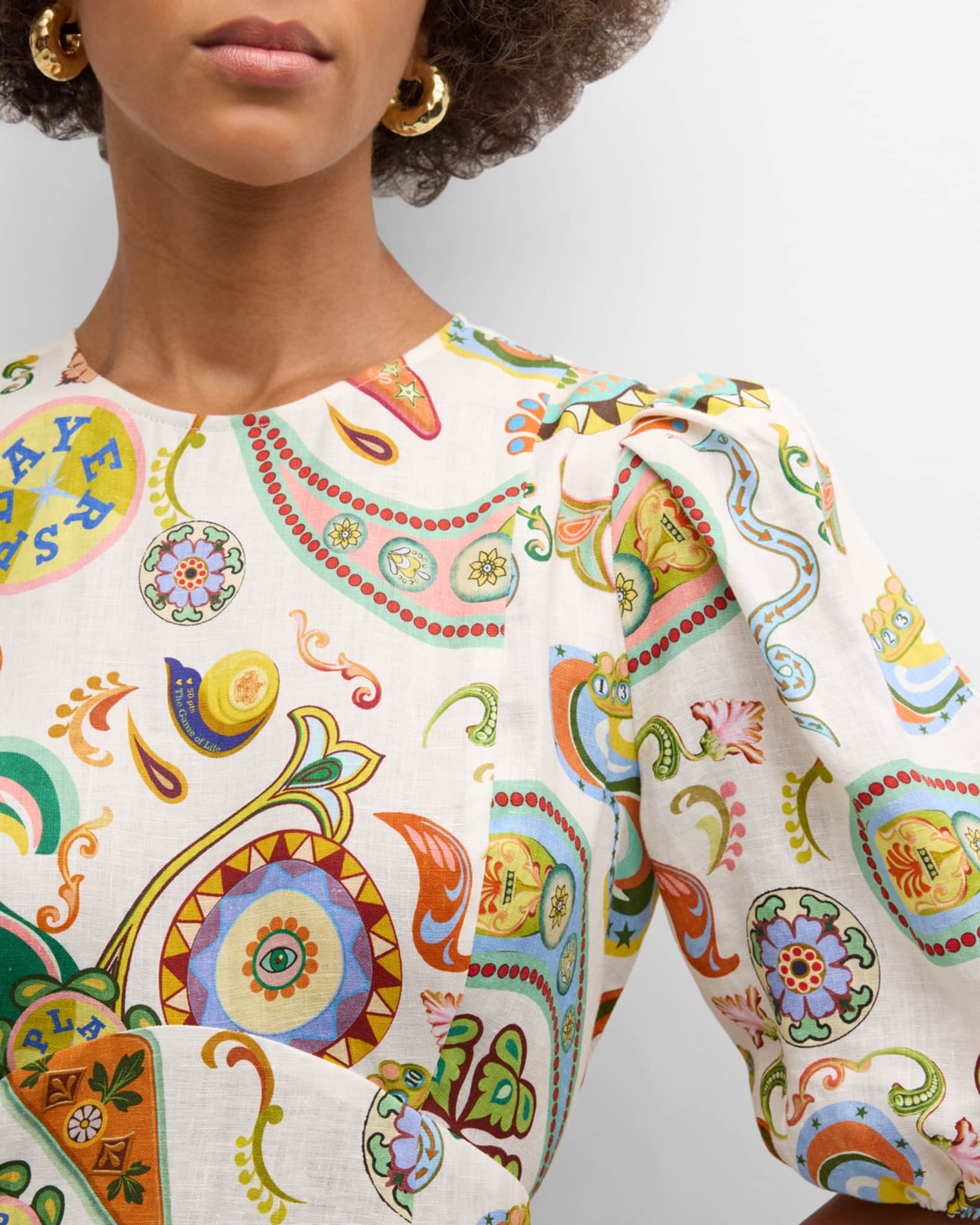 ALEMAIS Arcade Puff-Sleeve Multicolor Linen Midi Dress | Neiman Marcus