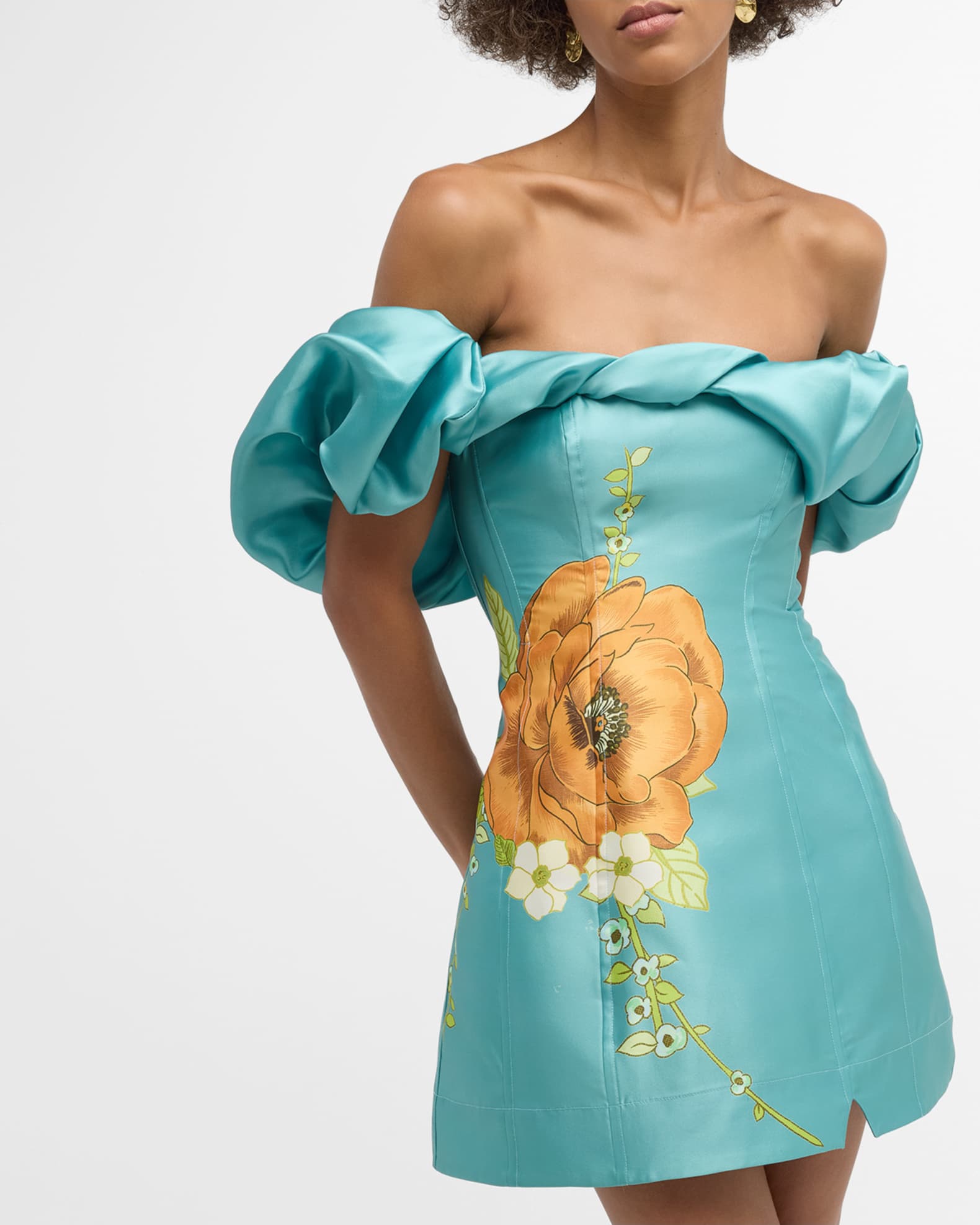 ALEMAIS Regent Jade Off-Shoulder Frill Floral Mini Dress | Neiman Marcus