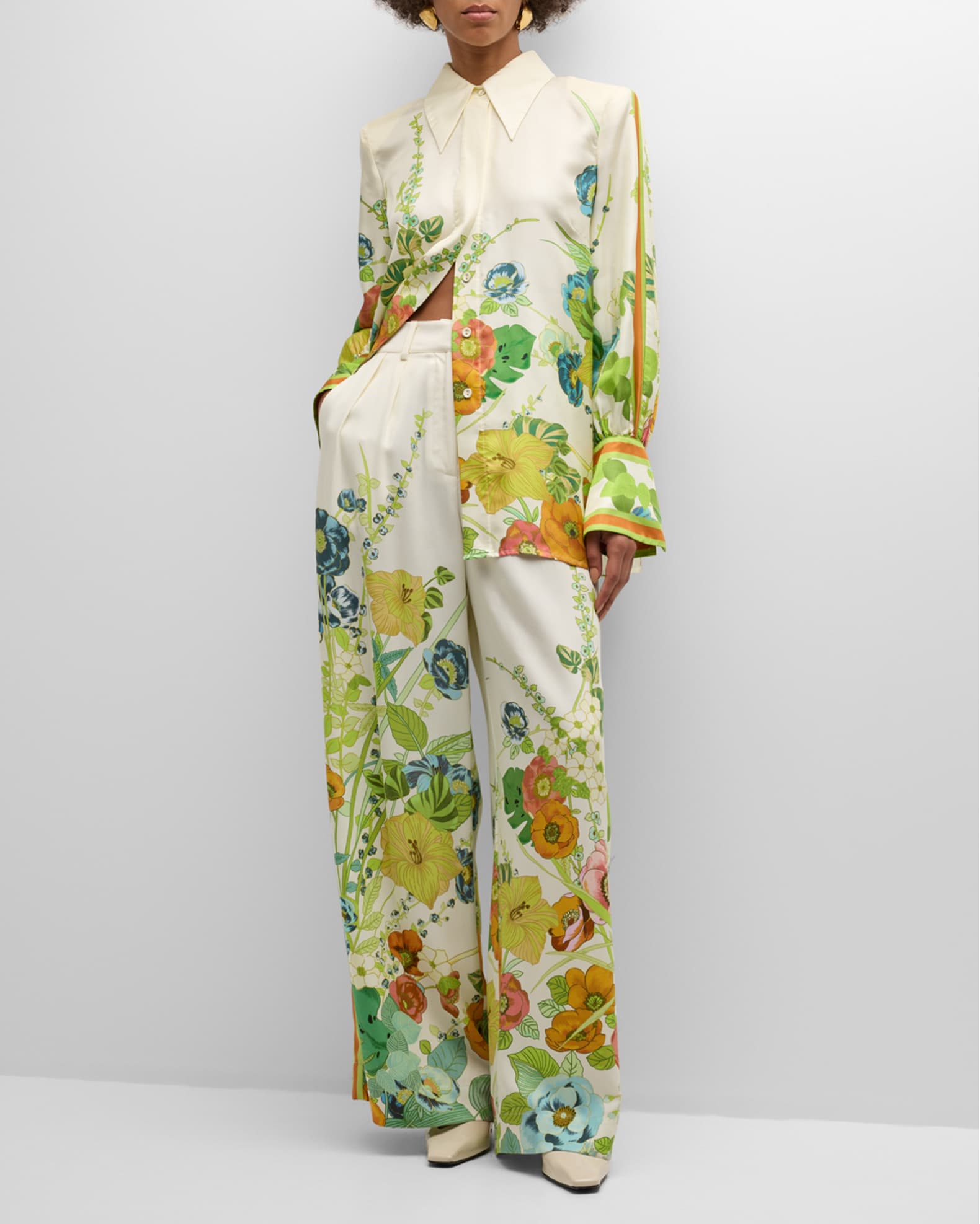 ALEMAIS Constance Back Ribbon-Tie Floral Silk Shirt | Neiman Marcus