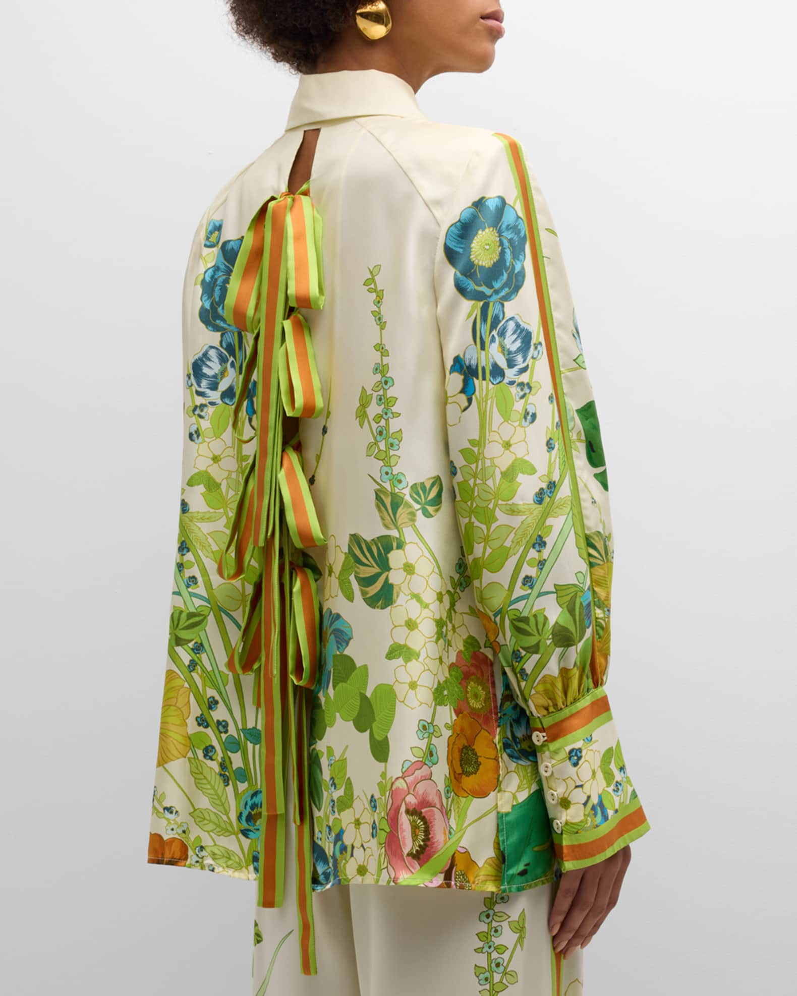 ALEMAIS Constance Back Ribbon-Tie Floral Silk Shirt | Neiman Marcus