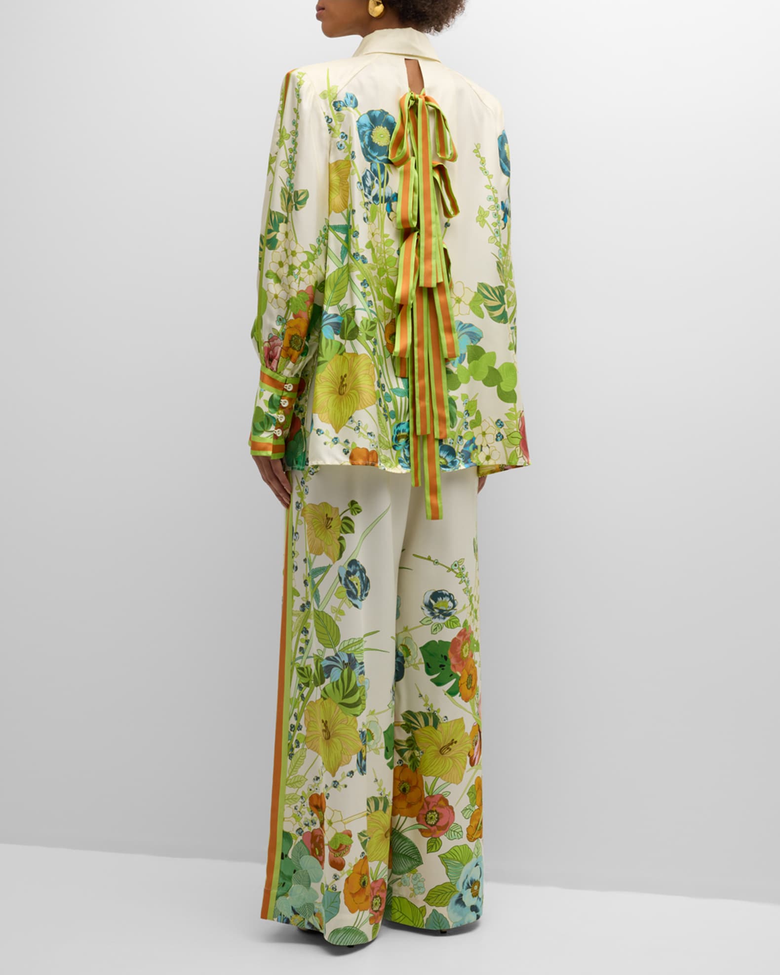 ALEMAIS Constance Back Ribbon-Tie Floral Silk Shirt | Neiman Marcus