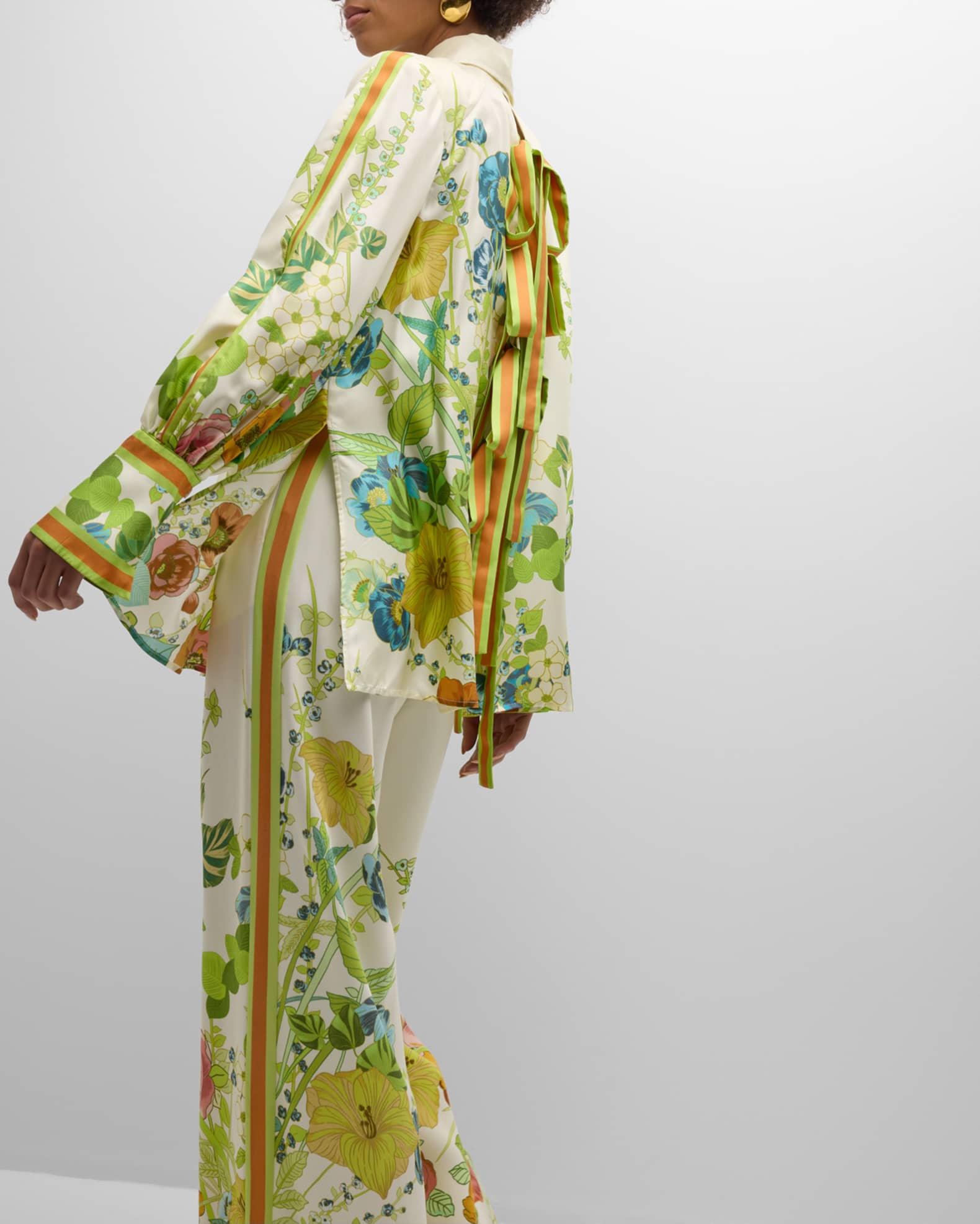 ALEMAIS Constance Back Ribbon-Tie Floral Silk Shirt | Neiman Marcus