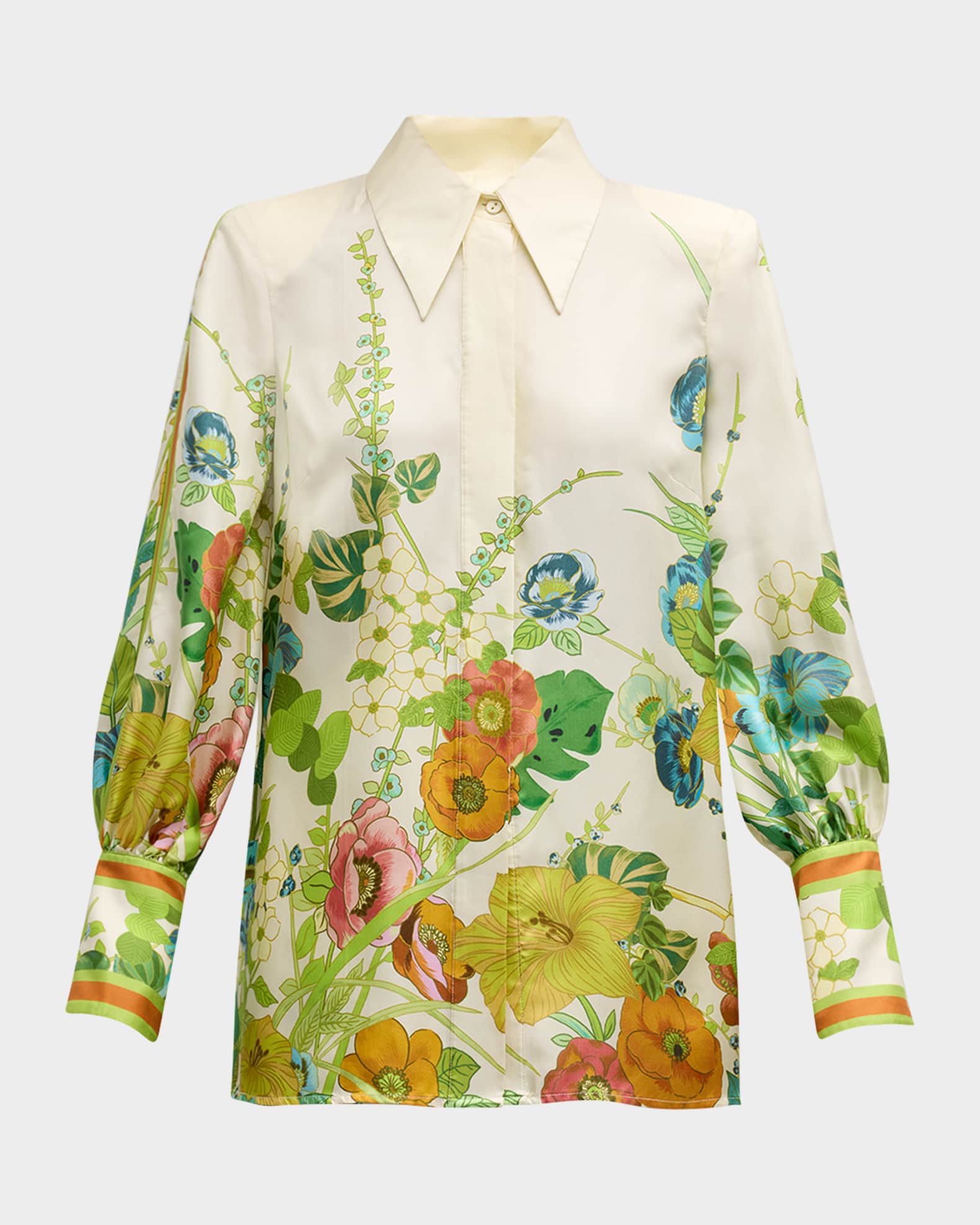 ALEMAIS Constance Back Ribbon-Tie Floral Silk Shirt | Neiman Marcus