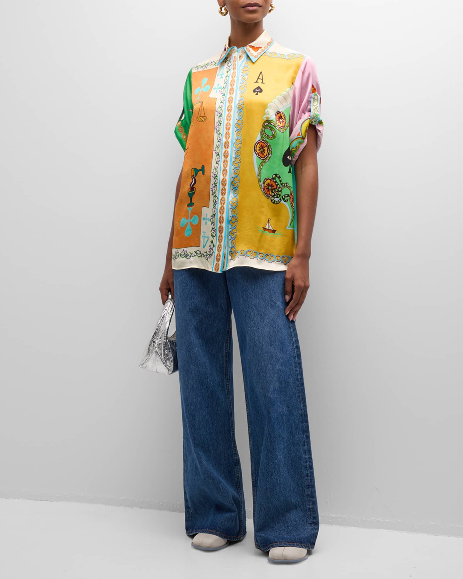 ALEMAIS Rummy Printed Silk Short-Sleeve Shirt | Neiman Marcus