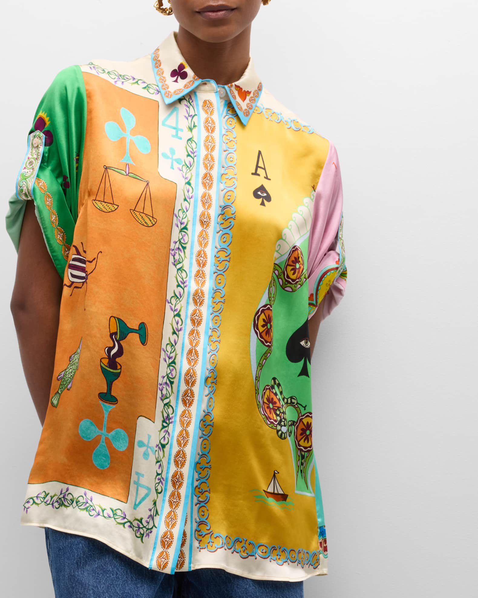 ALEMAIS Rummy Printed Silk Short-Sleeve Shirt | Neiman Marcus