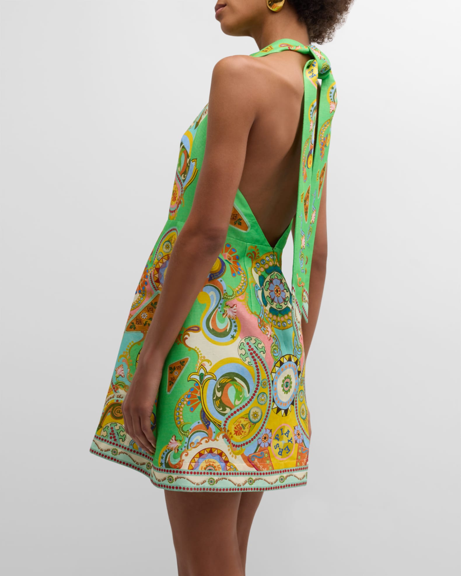 ALEMAIS Pinball Backless Tie-Neck Linen Silk Printed Mini Dress ...