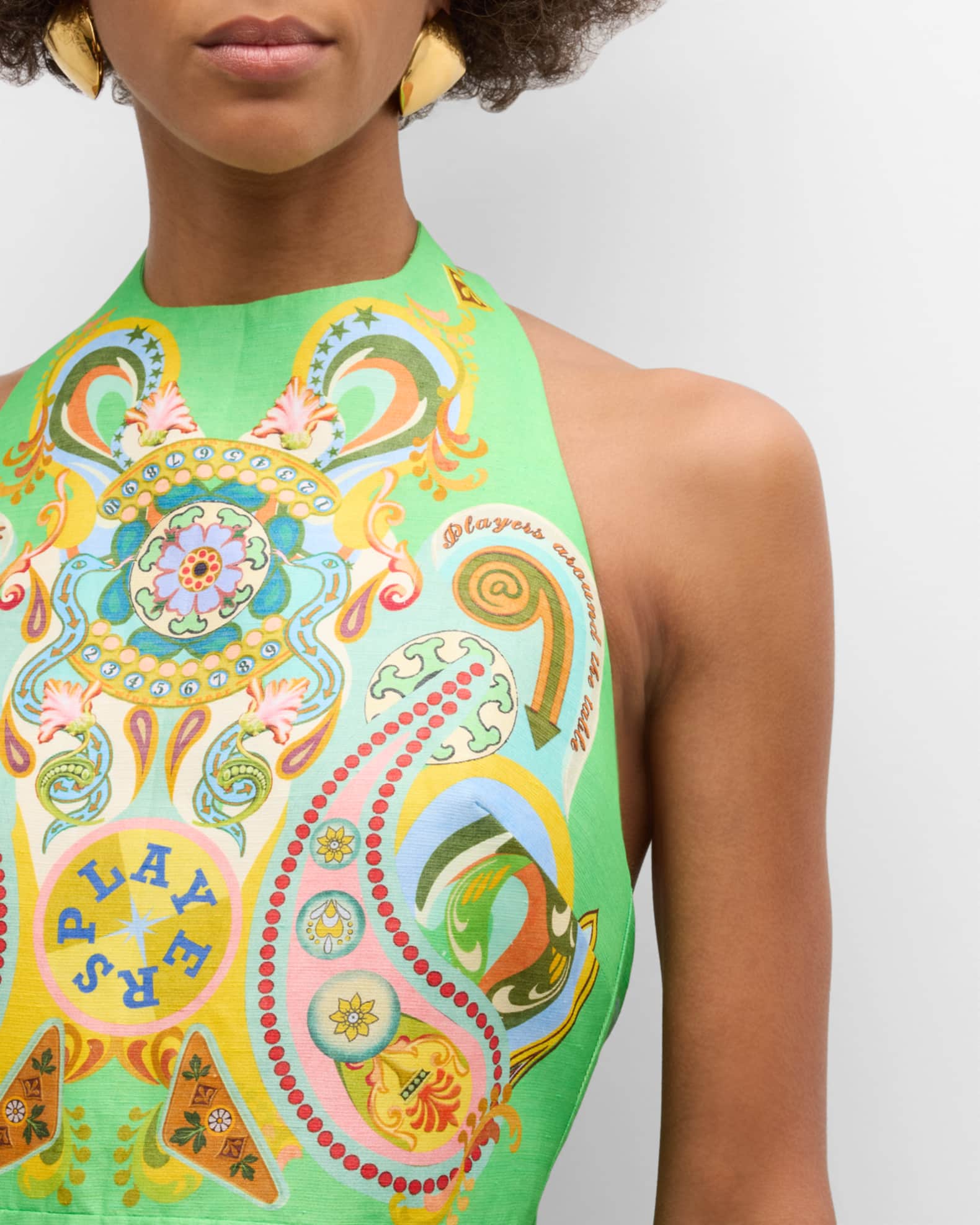 ALEMAIS Pinball Backless Tie-Neck Linen Silk Printed Mini Dress ...