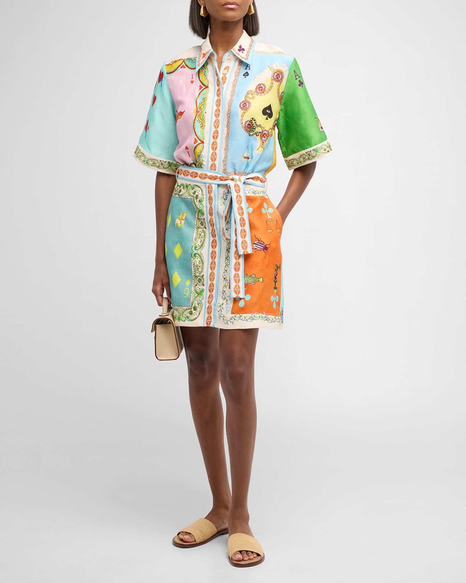 ALEMAIS Rummy Scarf-Print Linen-Blend Mini Dress | Neiman Marcus