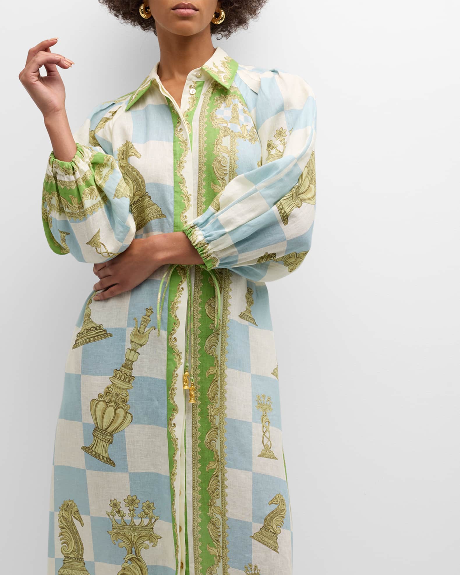ALEMAIS Checkmate Linen Puff-Sleeve Maxi Shirtdress | Neiman Marcus