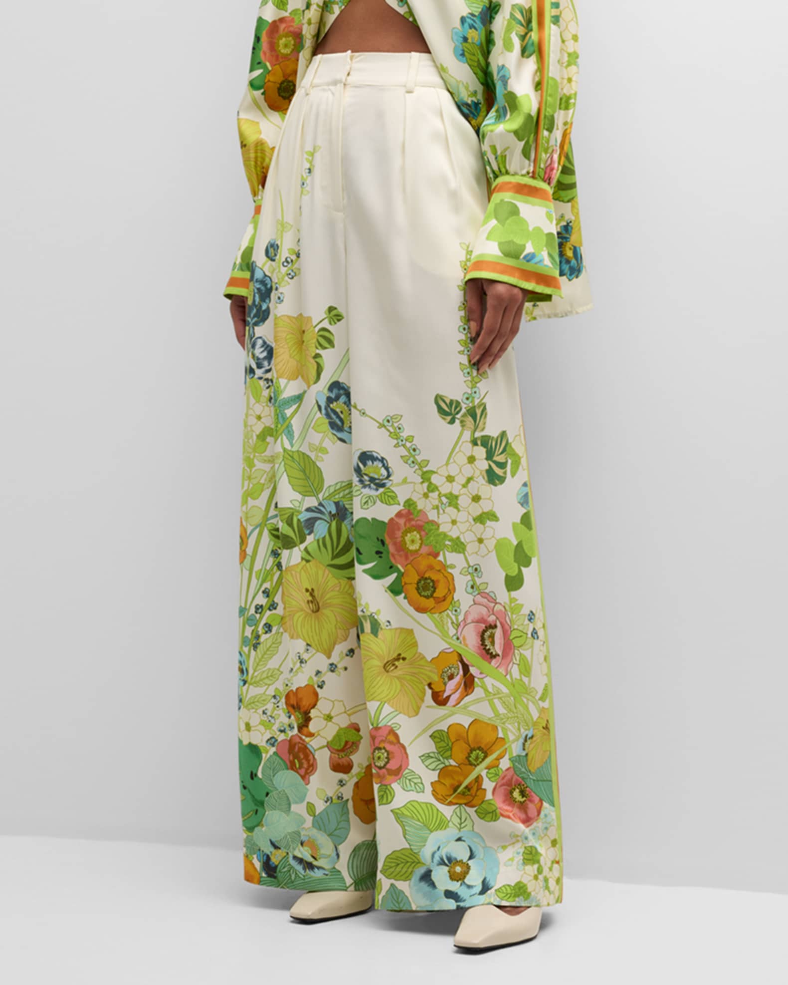 ALEMAIS Constance Pleated Floral Wide-Leg Pants | Neiman Marcus