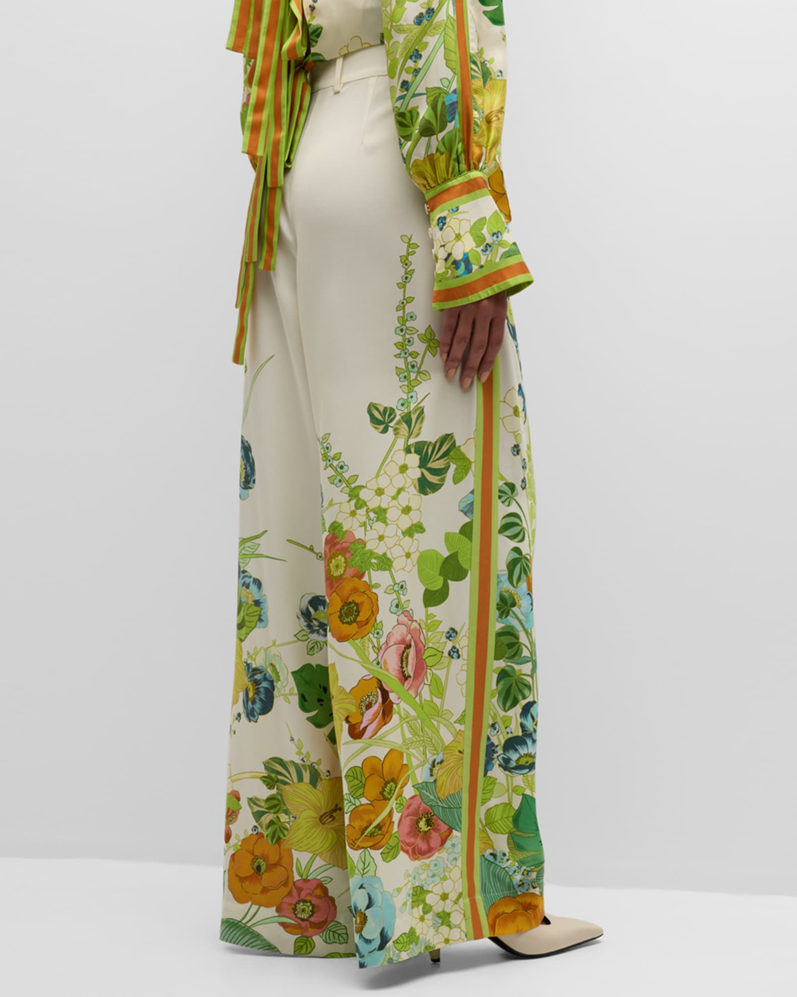 ALEMAIS Constance Pleated Floral Wide-Leg Pants | Neiman Marcus