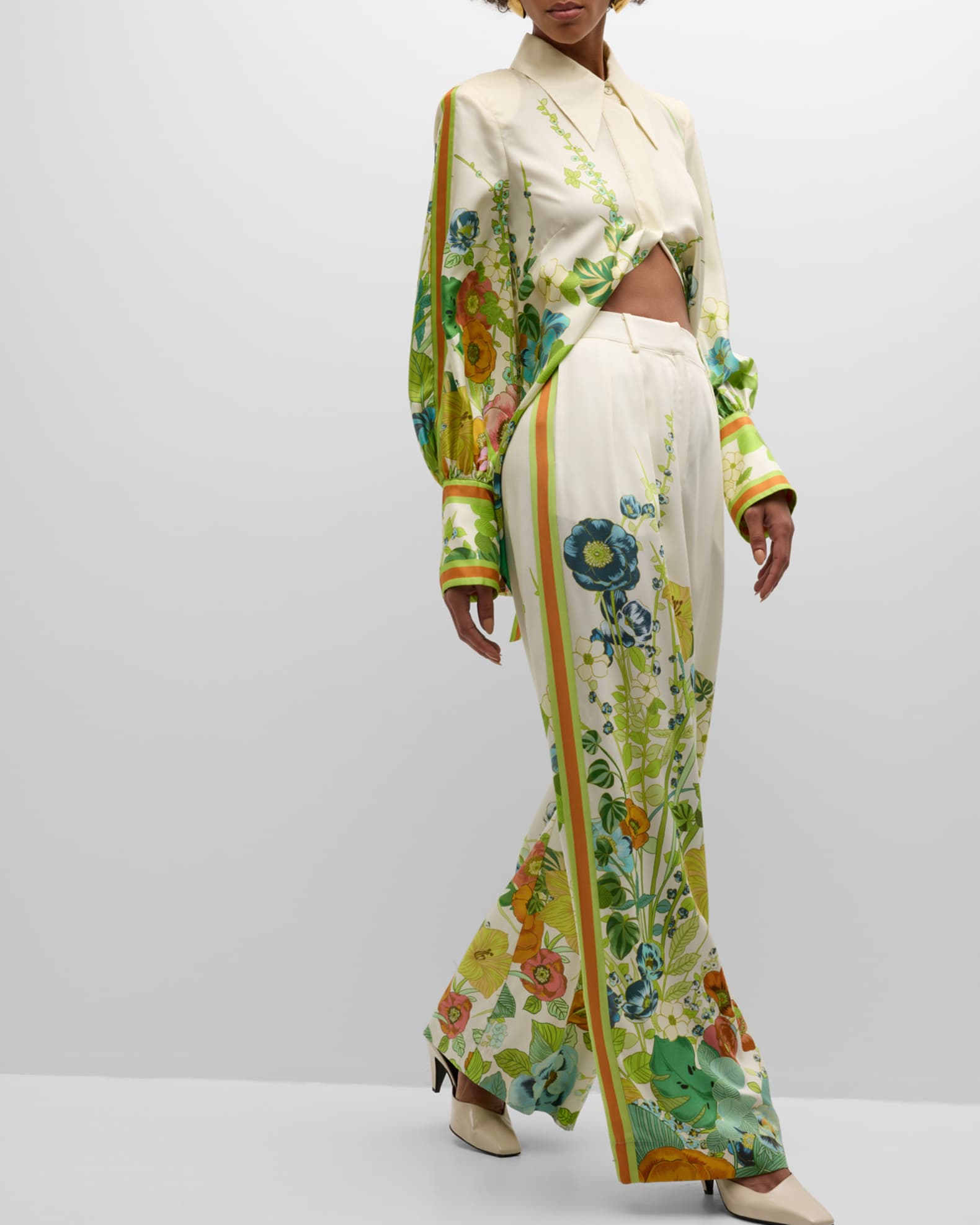 ALEMAIS Constance Pleated Floral Wide-Leg Pants | Neiman Marcus