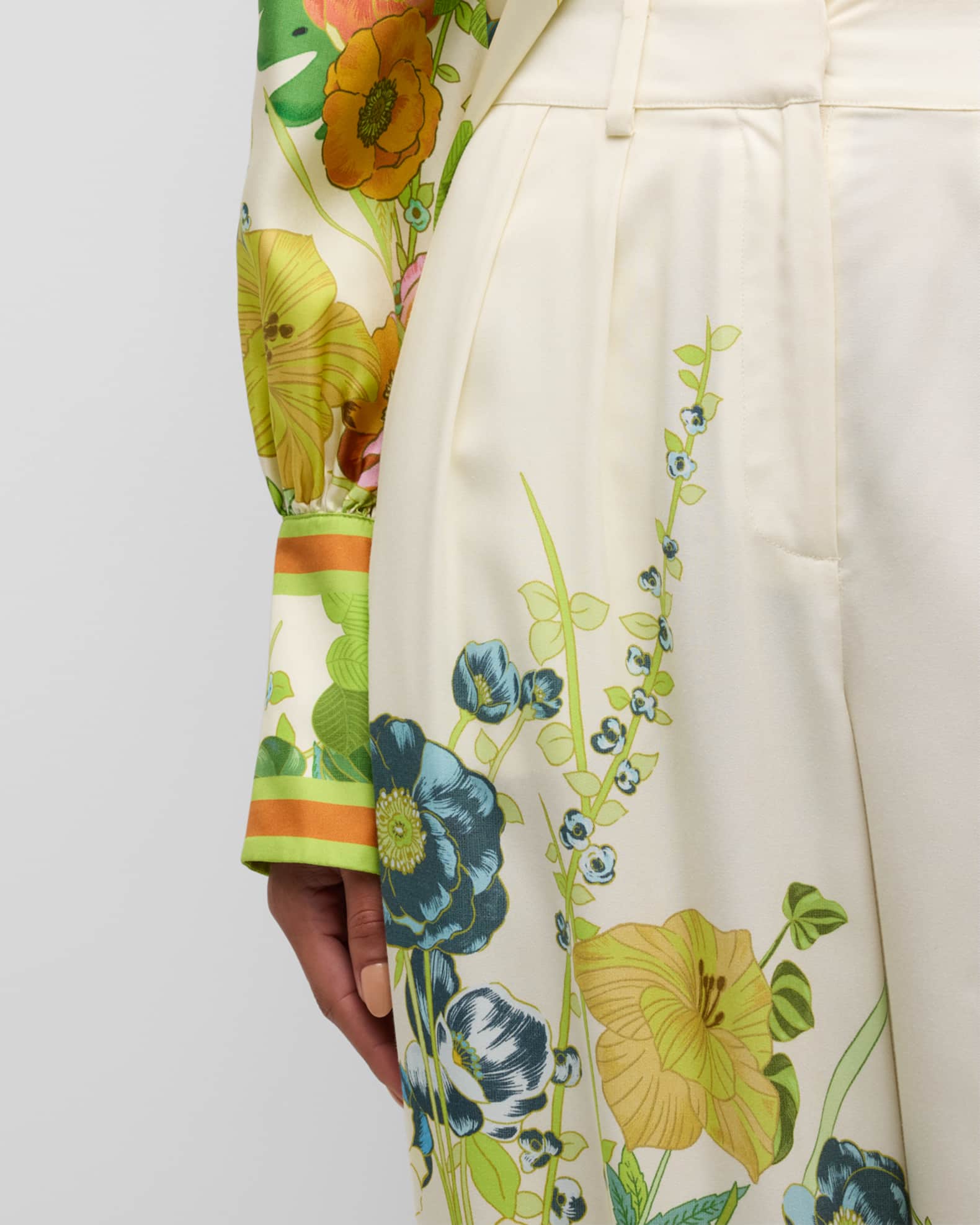 ALEMAIS Constance Pleated Floral Wide-Leg Pants | Neiman Marcus