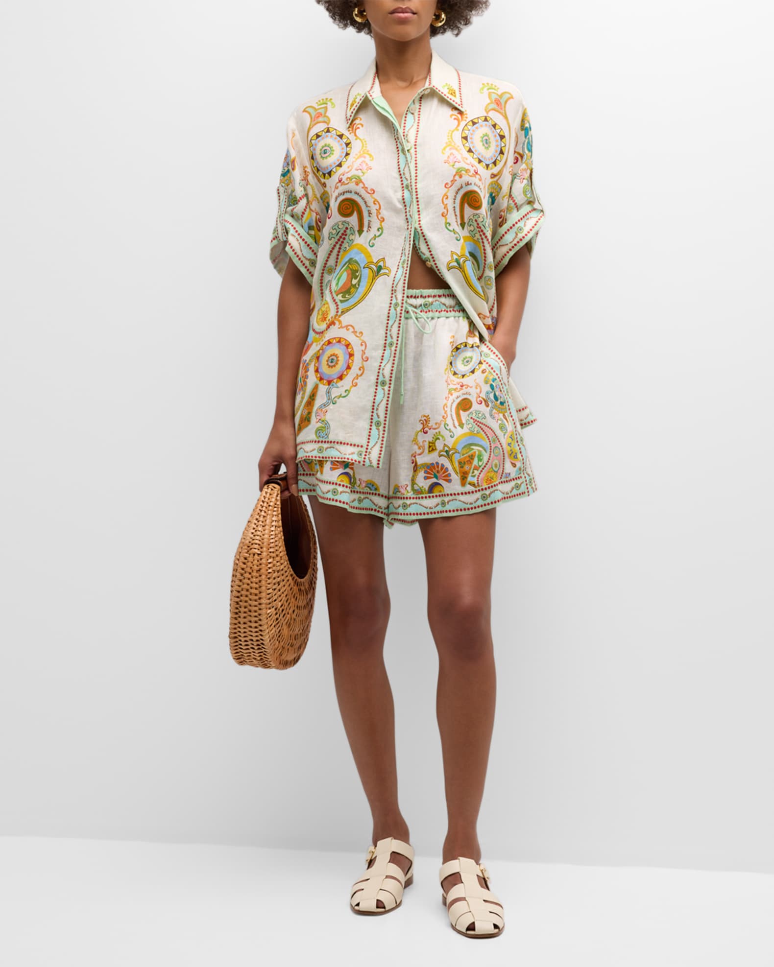 ALEMAIS Pinball Drawstring Paisley Linen Shorts | Neiman Marcus