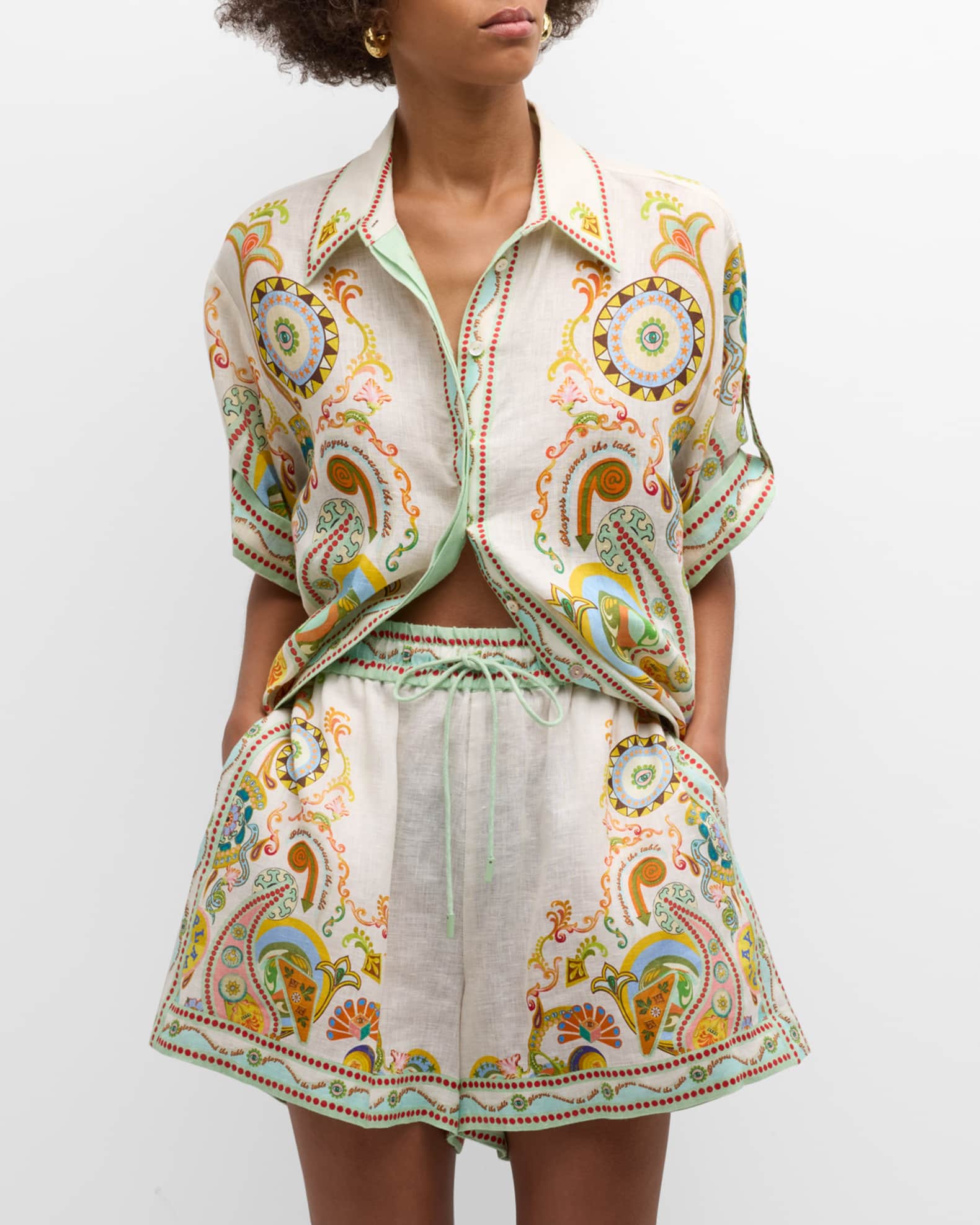 ALEMAIS Pinball Drawstring Paisley Linen Shorts | Neiman Marcus