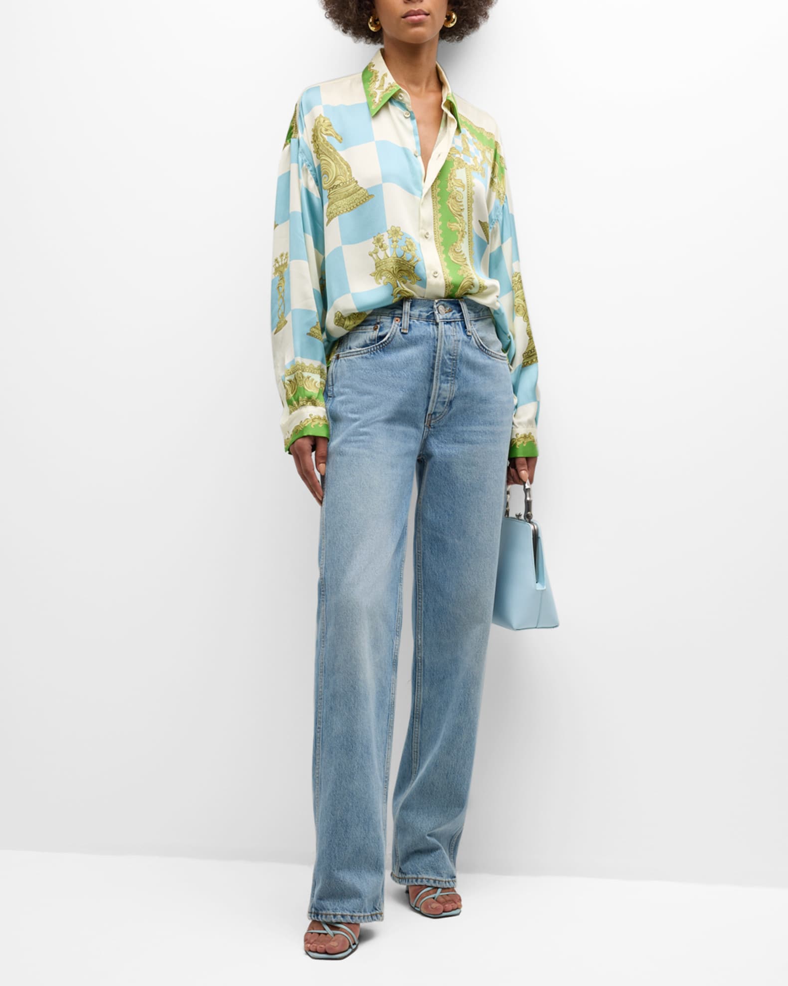 ALEMAIS Checkmate Silk Satin Sandwashed Shirt | Neiman Marcus