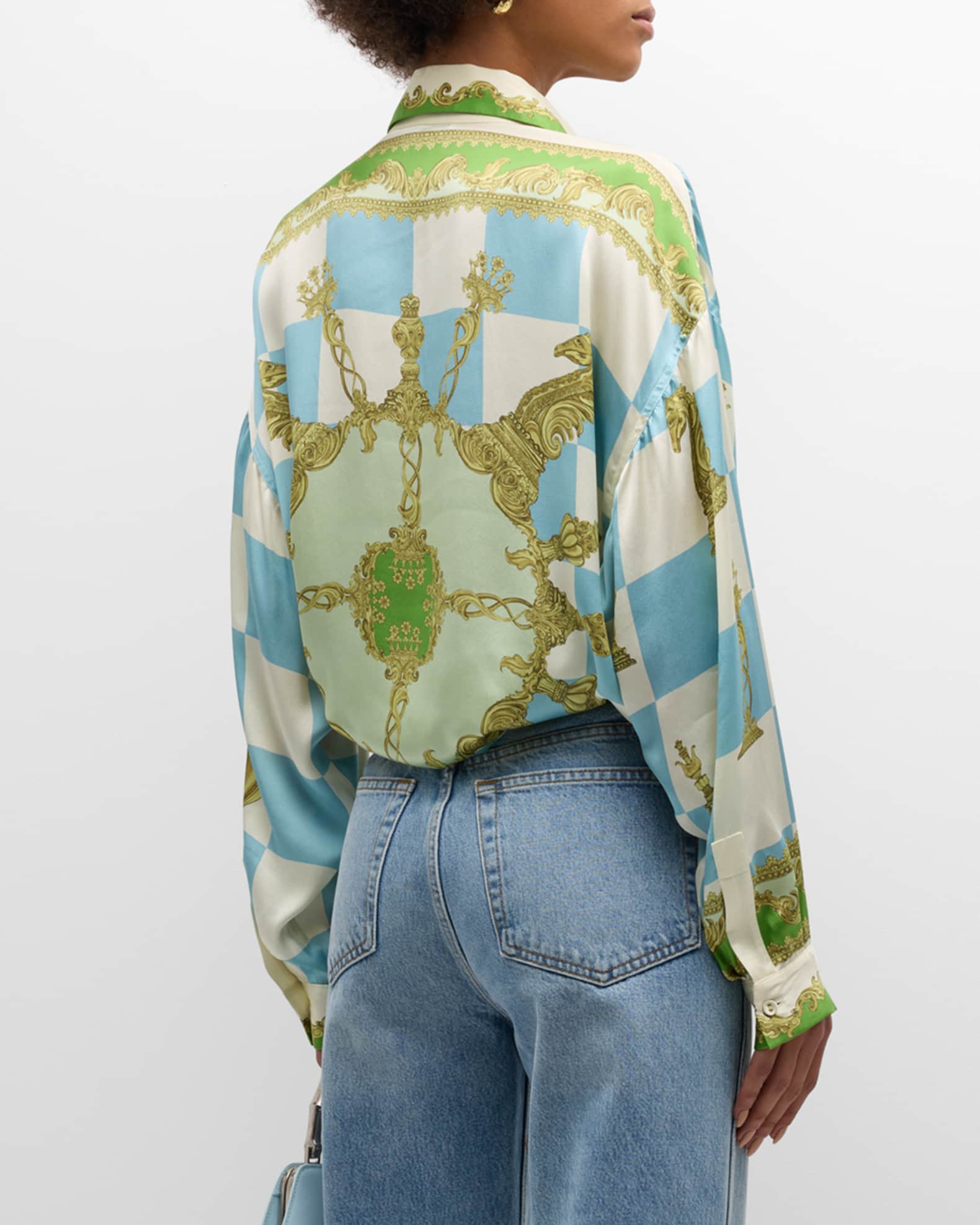 ALEMAIS Checkmate Silk Satin Sandwashed Shirt | Neiman Marcus