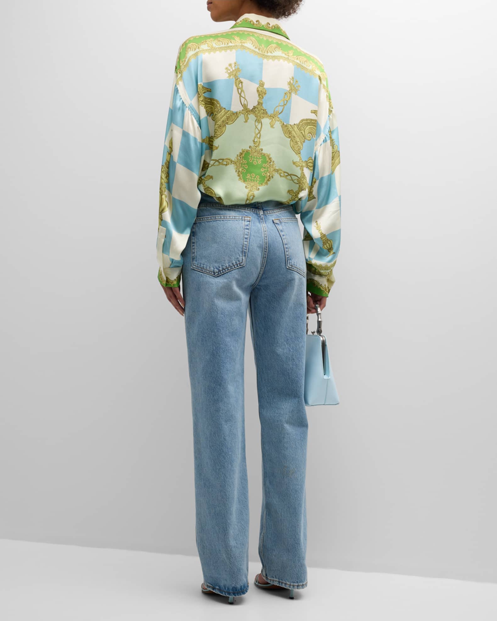 ALEMAIS Checkmate Silk Satin Sandwashed Shirt | Neiman Marcus