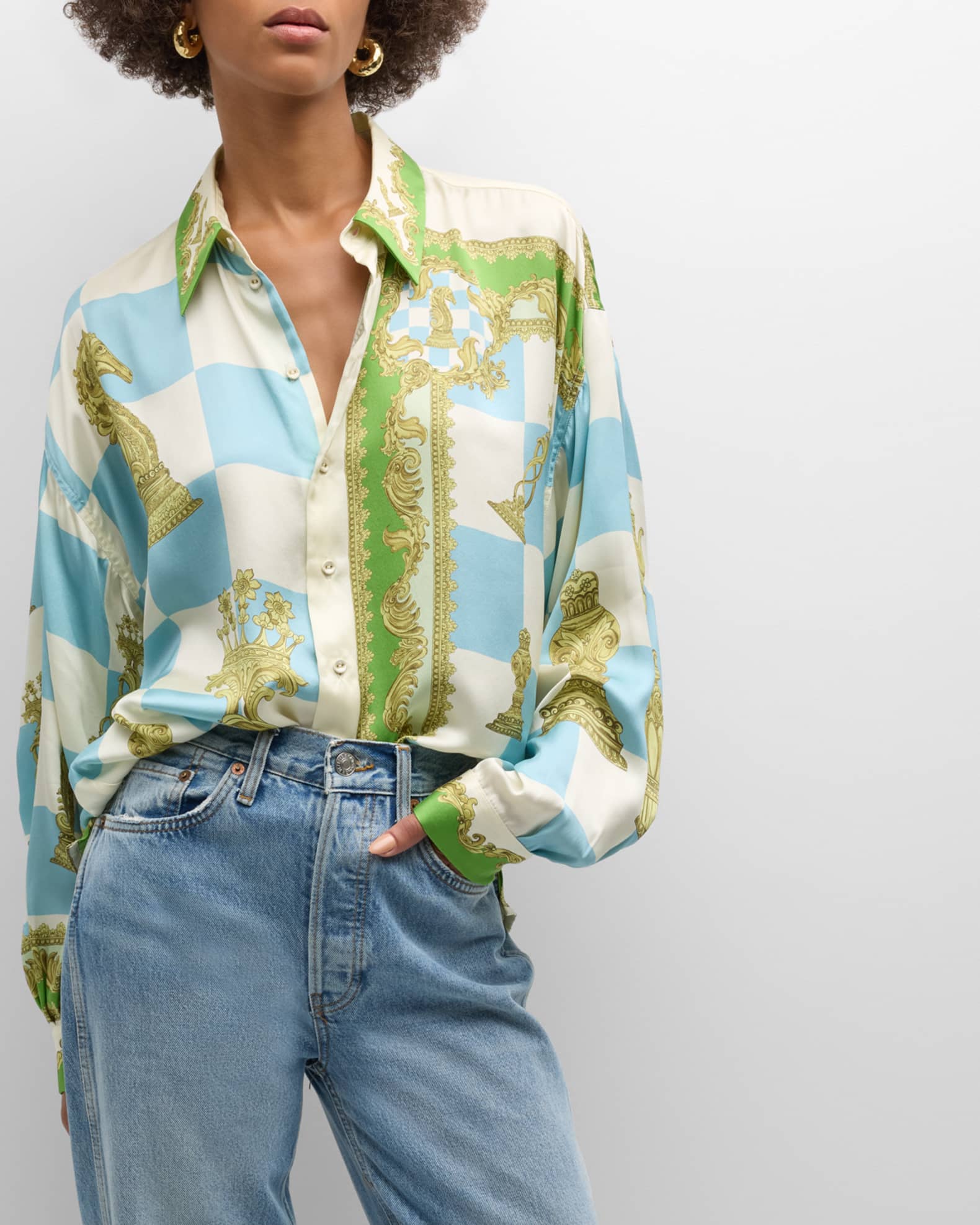 ALEMAIS Checkmate Silk Satin Sandwashed Shirt | Neiman Marcus