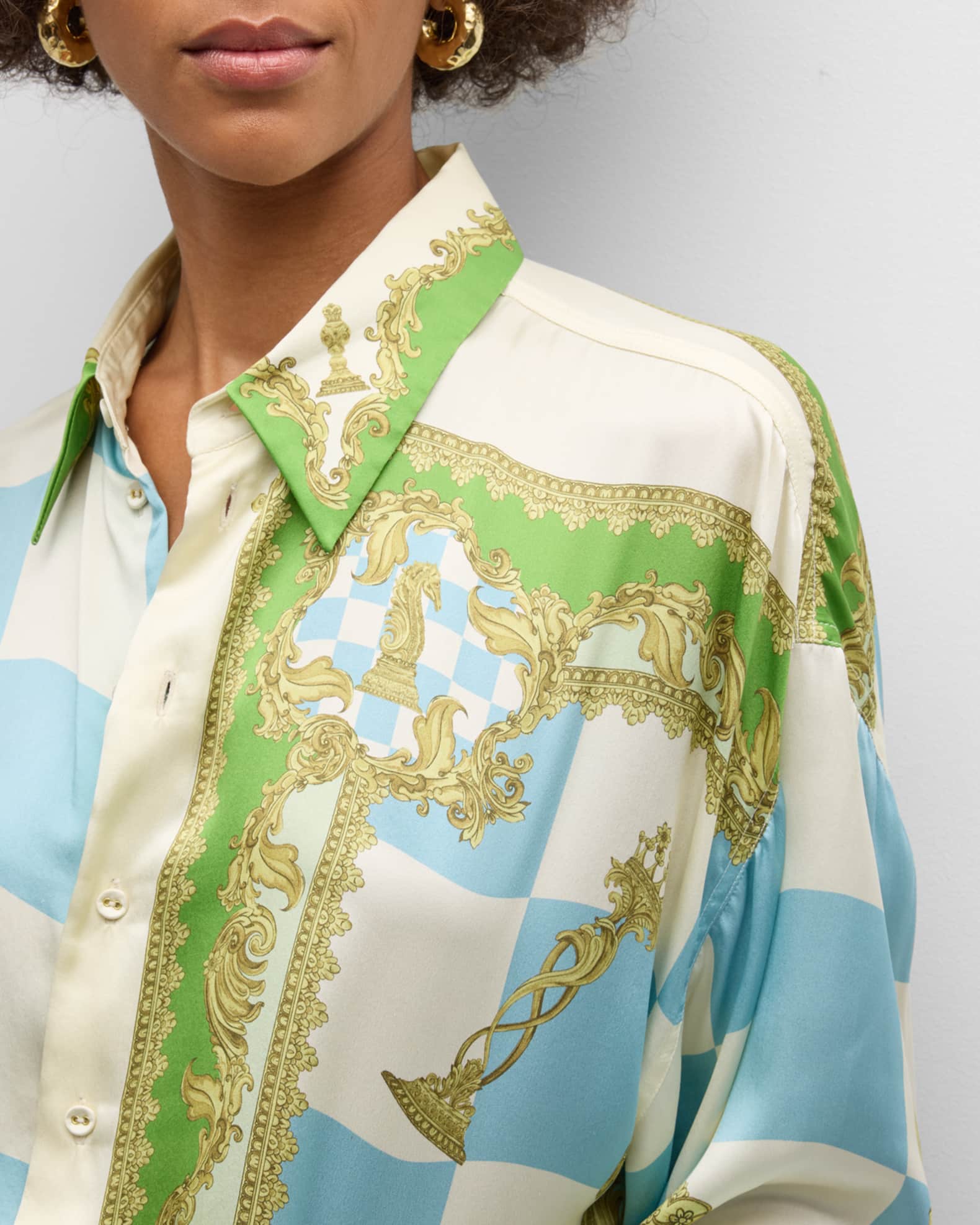 ALEMAIS Checkmate Silk Satin Sandwashed Shirt | Neiman Marcus