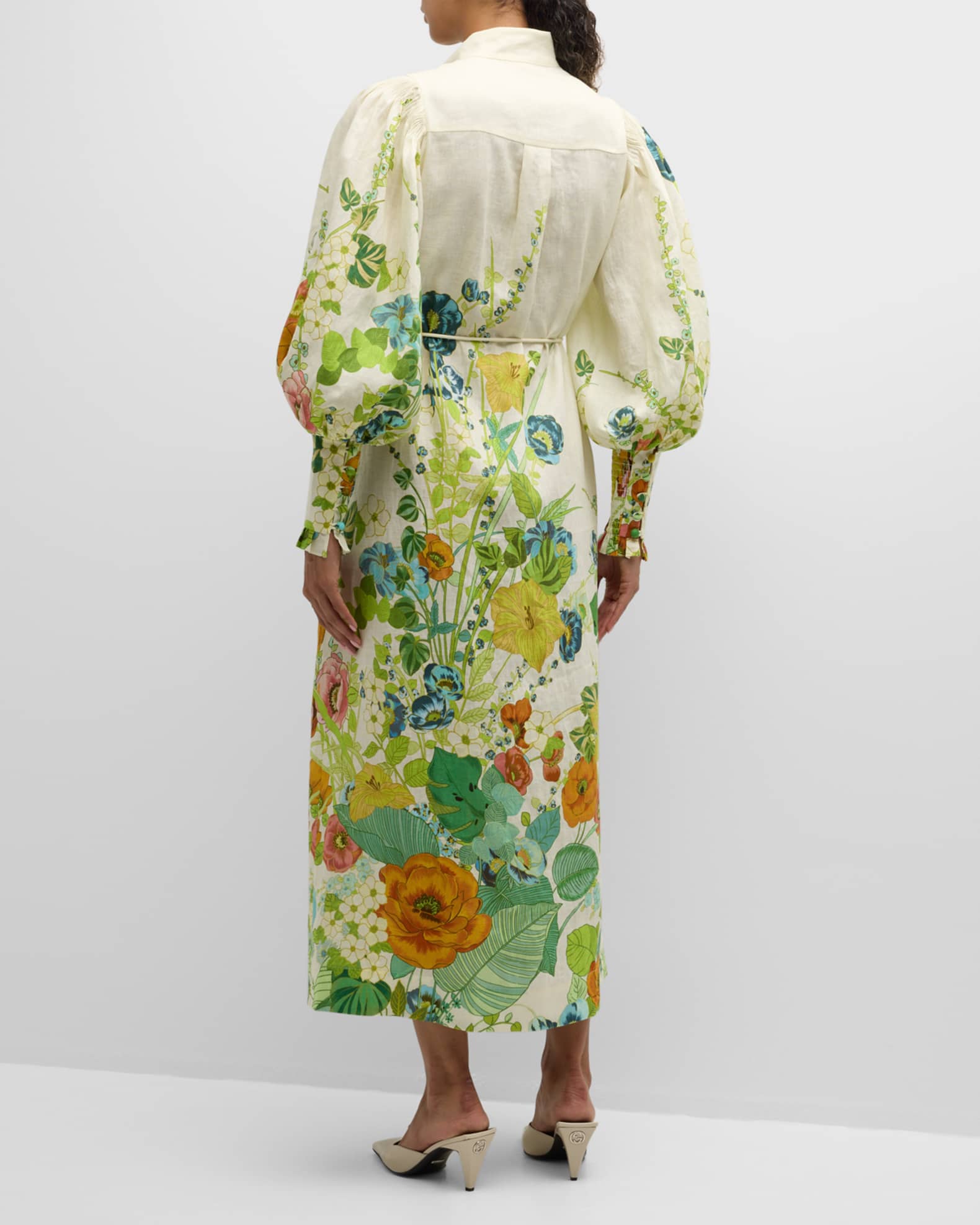 ALEMAIS Constance Floral Linen Stand-Collar Midi Shirtdress | Neiman Marcus