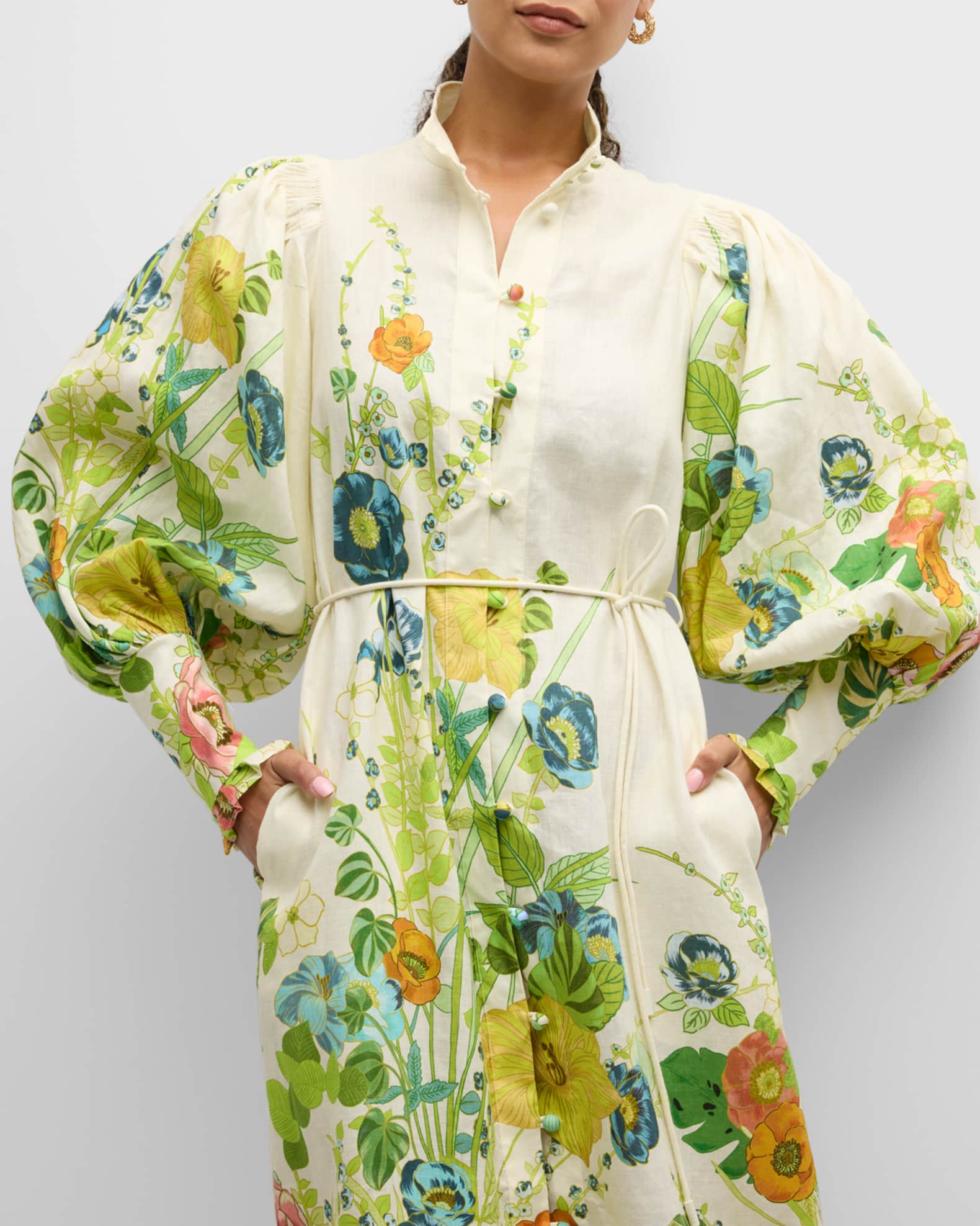 ALEMAIS Constance Floral Linen Stand-Collar Midi Shirtdress | Neiman Marcus