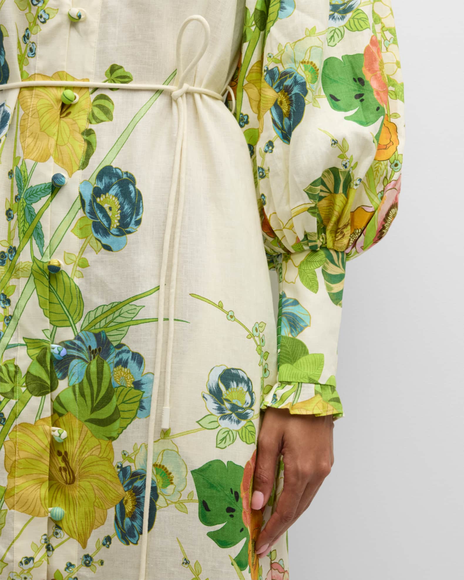 ALEMAIS Constance Floral Linen Stand-Collar Midi Shirtdress | Neiman Marcus