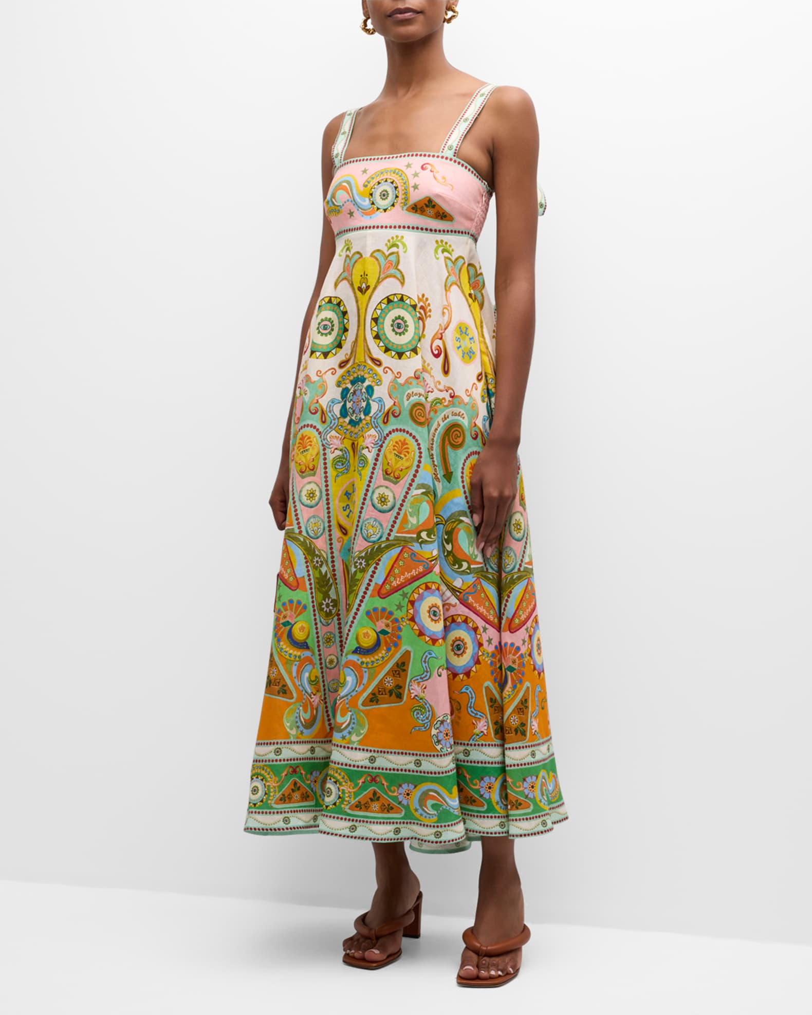 ALEMAIS Pinball Paisley Linen Tie-Strap Midi Dress | Neiman Marcus