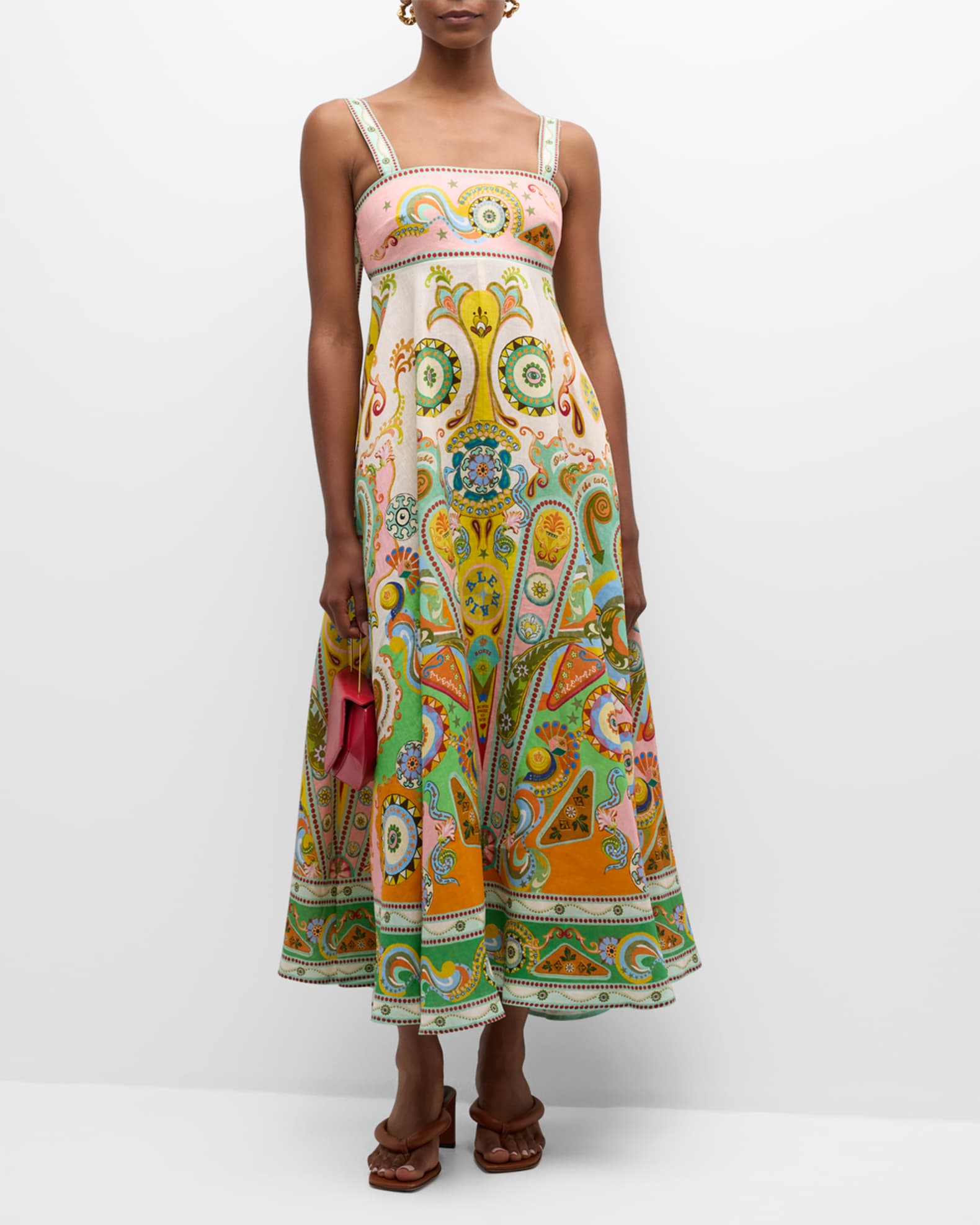 ALEMAIS Pinball Paisley Linen Tie-Strap Midi Dress | Neiman Marcus