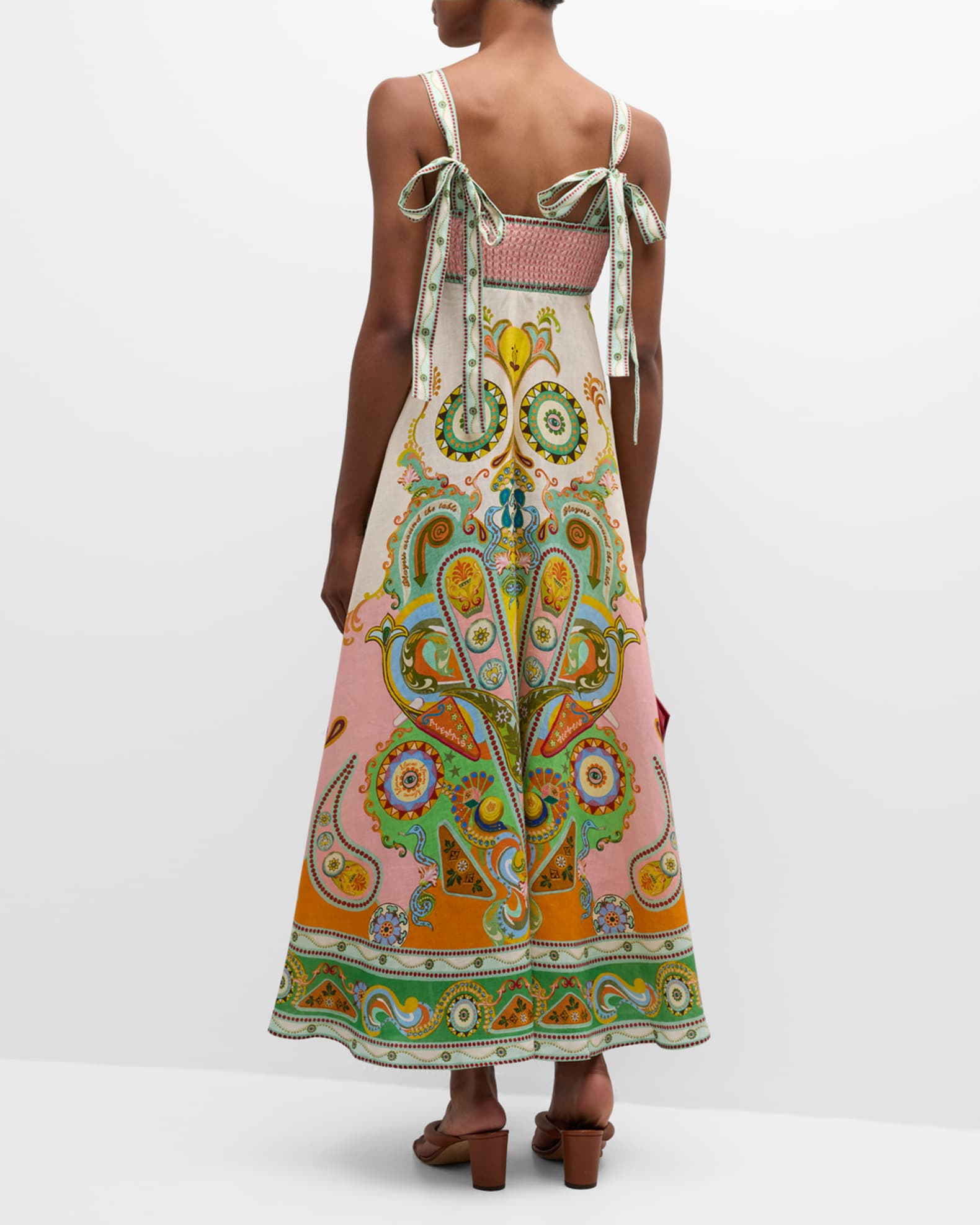 ALEMAIS Pinball Paisley Linen Tie-Strap Midi Dress | Neiman Marcus