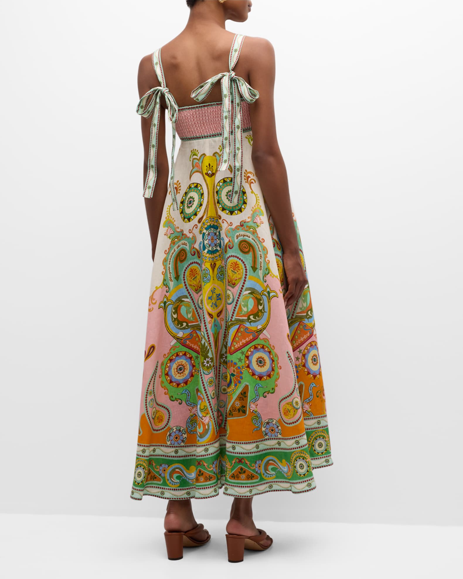 ALEMAIS Pinball Paisley Linen Tie-Strap Midi Dress | Neiman Marcus
