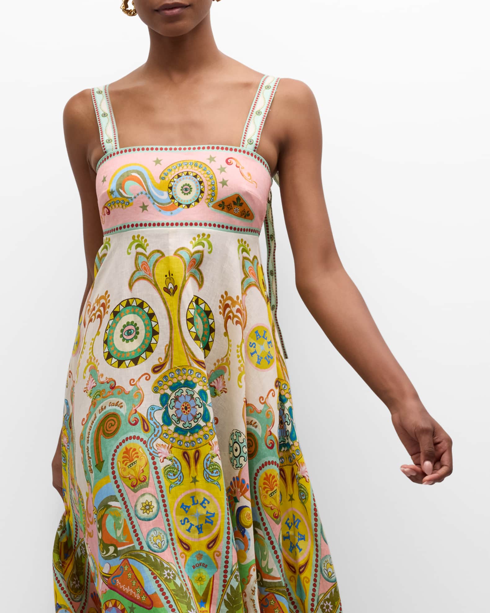 ALEMAIS Pinball Paisley Linen Tie-Strap Midi Dress | Neiman Marcus